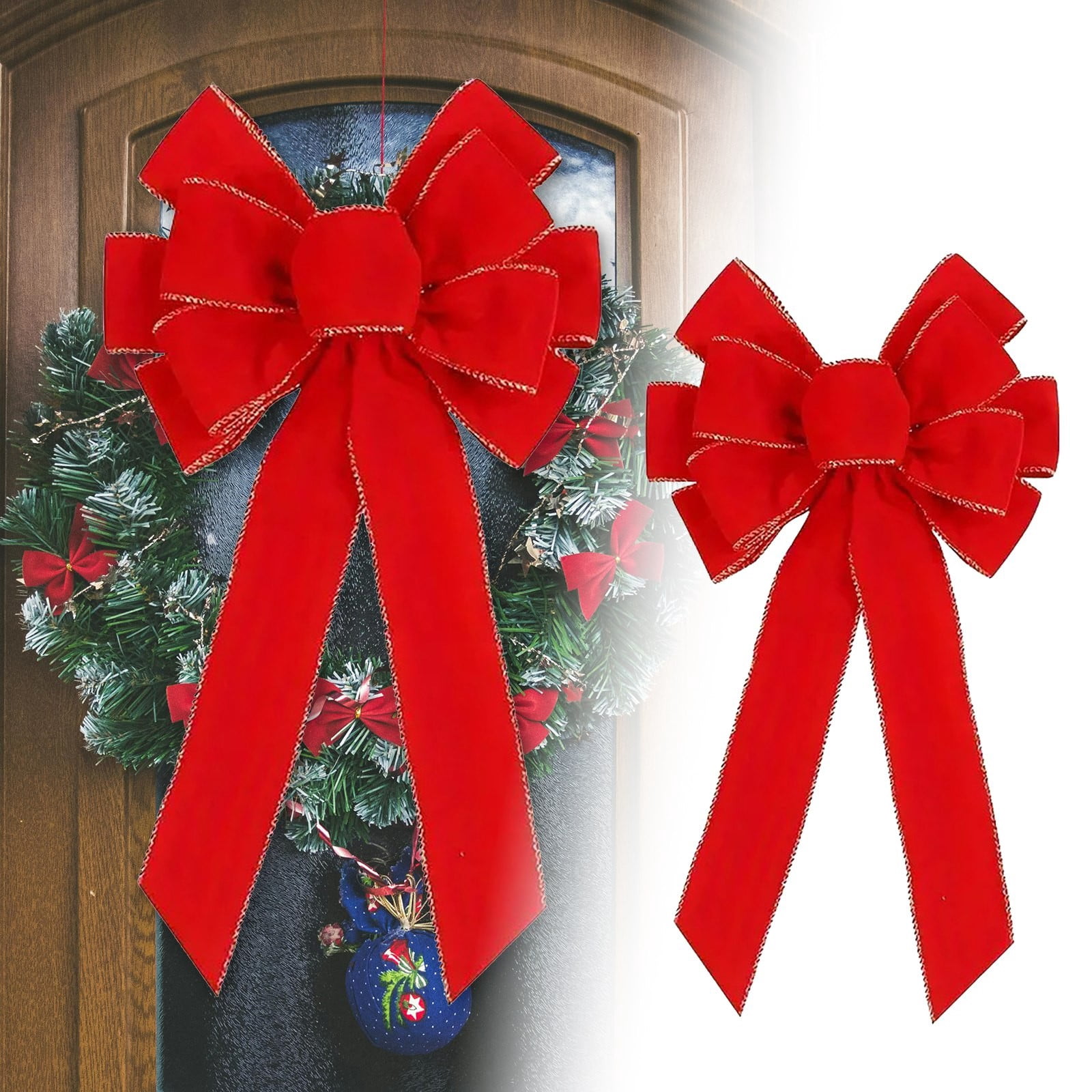 Flocked Velvet Bow Hanger With Multiple Loops For Festive Ornament And ...