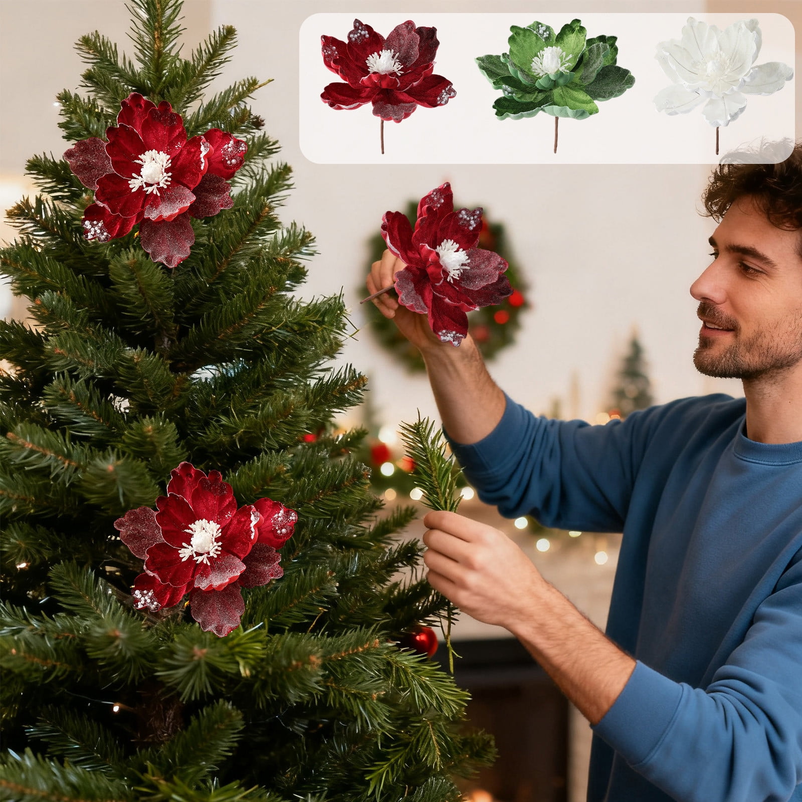 Flocked Velvet Christmas Magnolia Flowers - Luxury Adhesive Powder ...