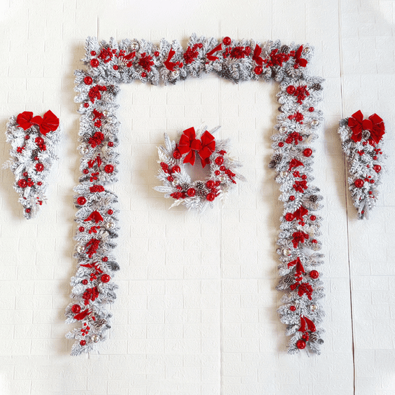 Flocking Christmas Wreath with Upside Down Red Bowknot Ribbon Shiny ...