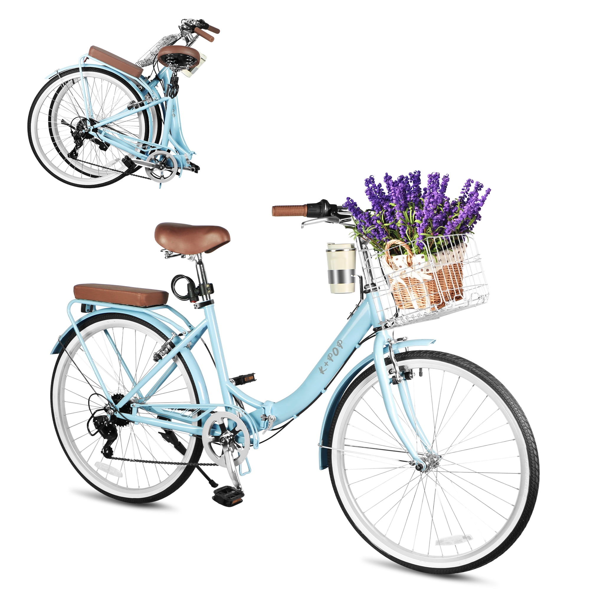 Floding Ladies Bicycle with Coffee Cup Holder,Basket & Rear Rack, 26 ...