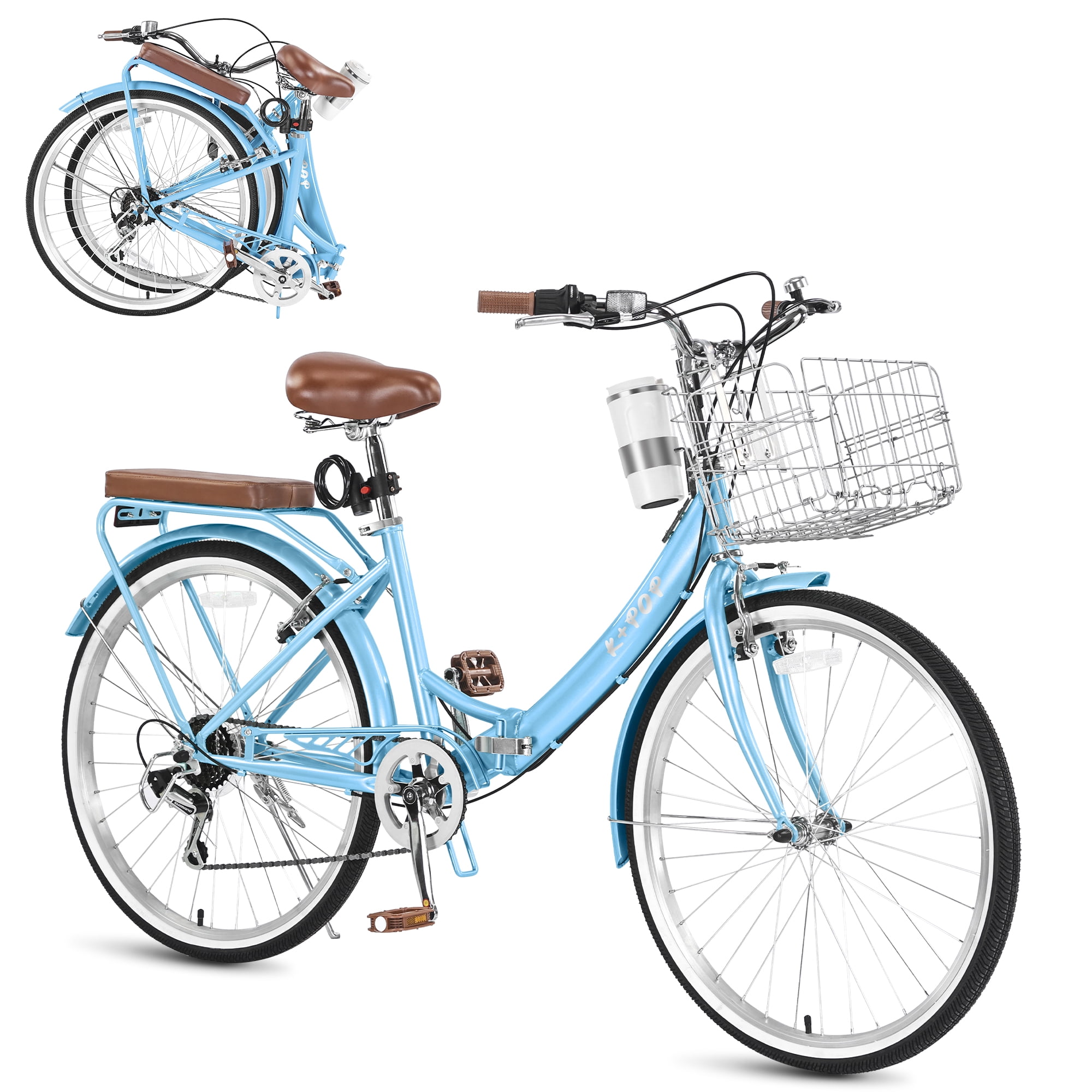 Floding Ladies Bicycle with Coffee Cup Holder,Basket & Rear Rack, 26 ...