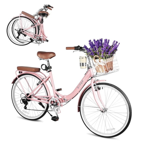 Floding Ladies Bicycle with Coffee Cup Holder,Basket & Rear Rack, 26 ...