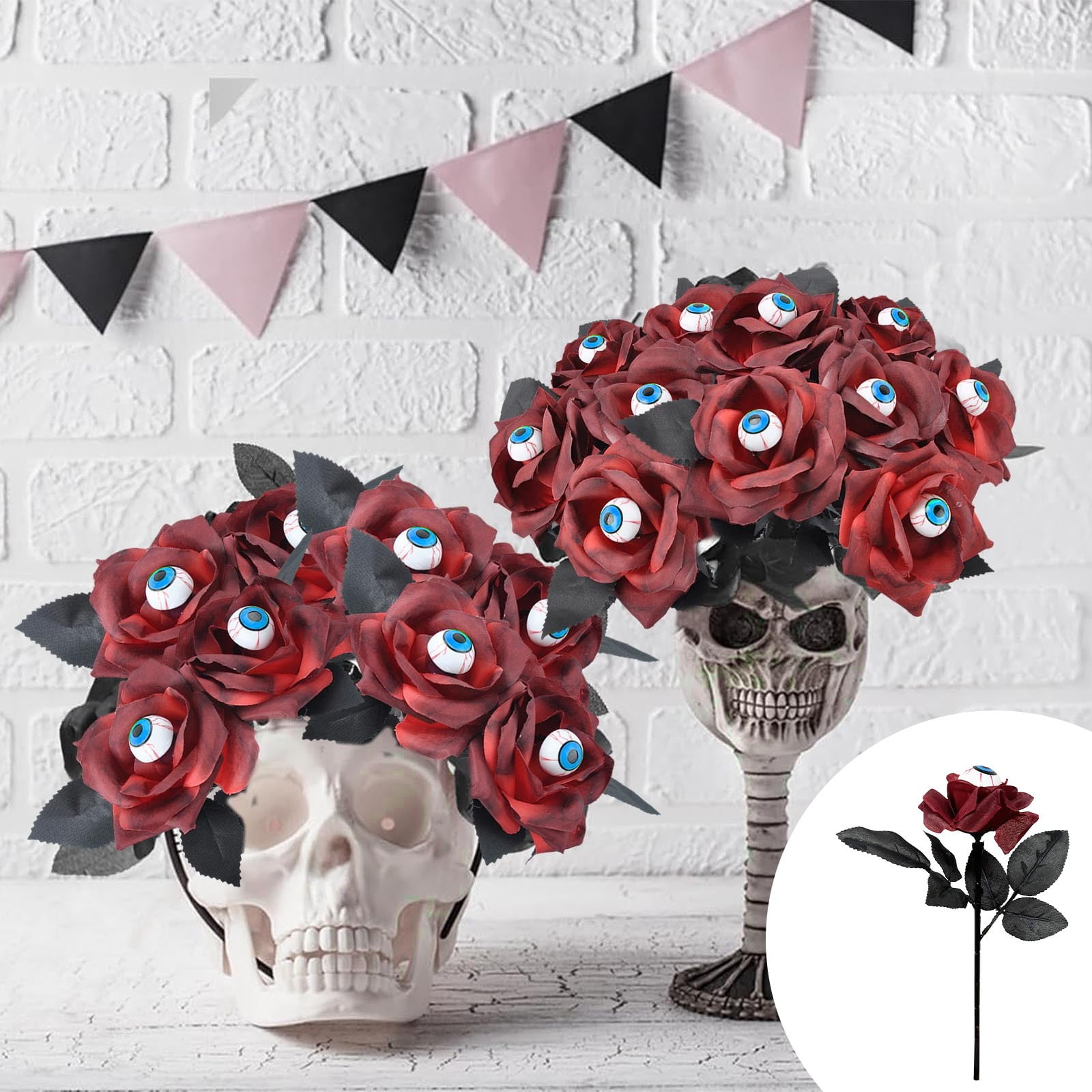 Floleo 10Pcs Halloween Decorations Black Rose Eyeball Flowers - Gothic ...