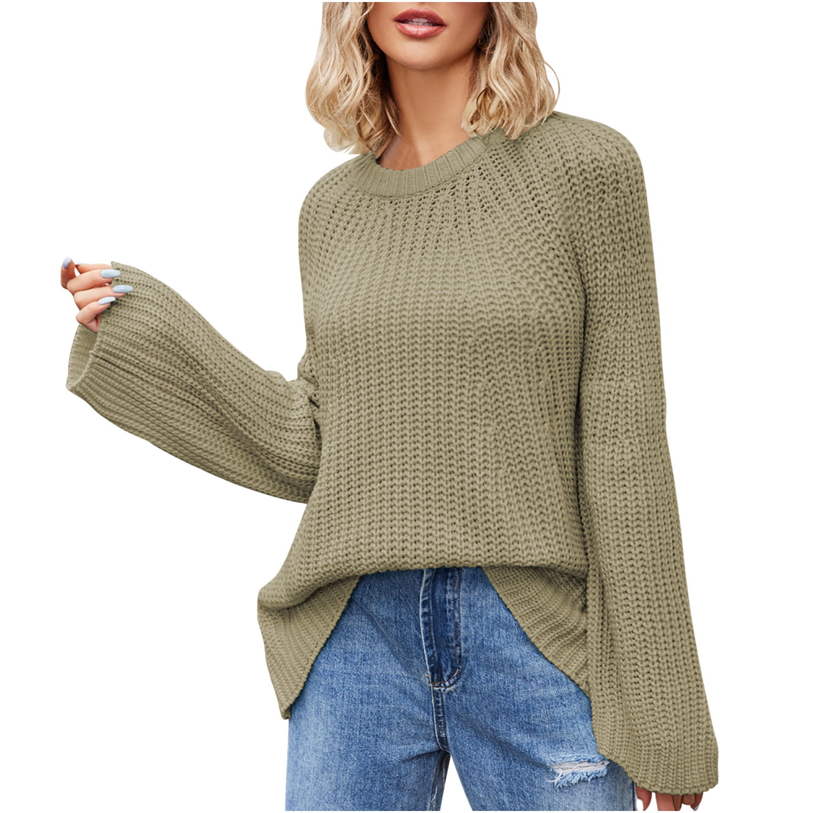 Floleo 2024 Fall Long Sweaters for Women Round Neck Long Sleeve Solid ...