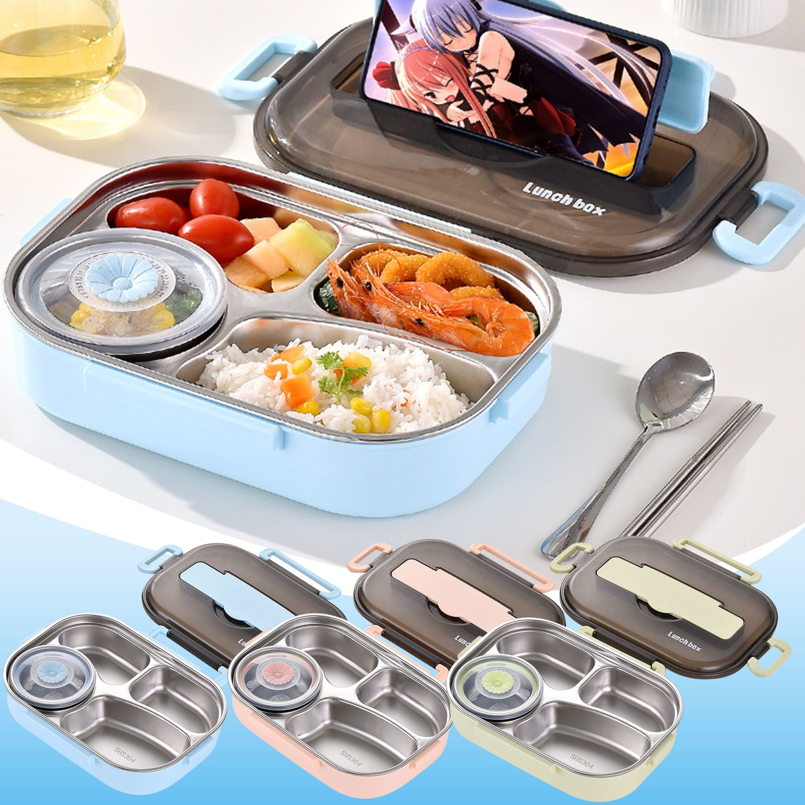 Floleo Bento Box, Stainless Steel Lunch Box,4‑Grid Portable Bento Box ...