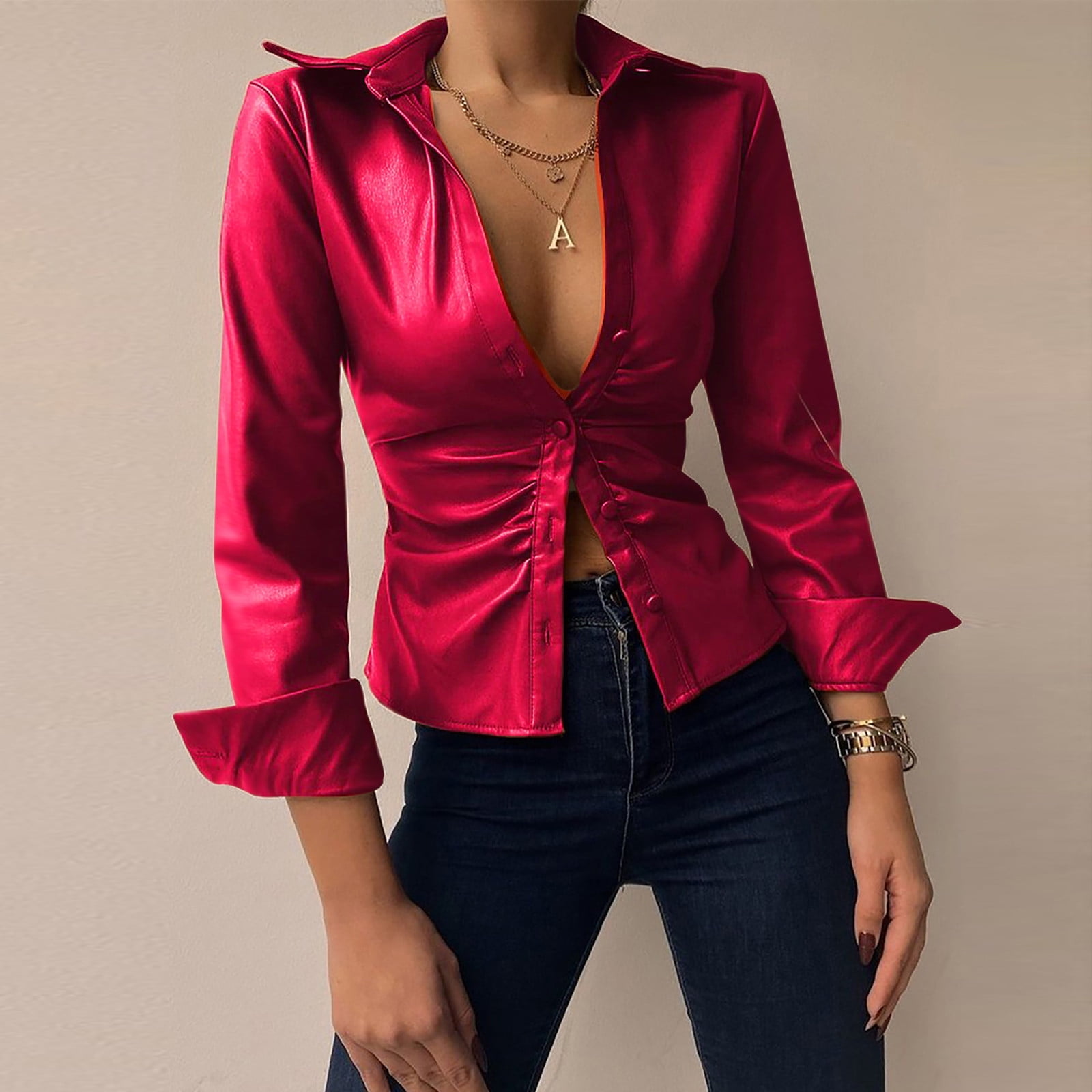 Floleo Clearance Women Classic Solid Color Blouse Slim Buttons Lapel ...