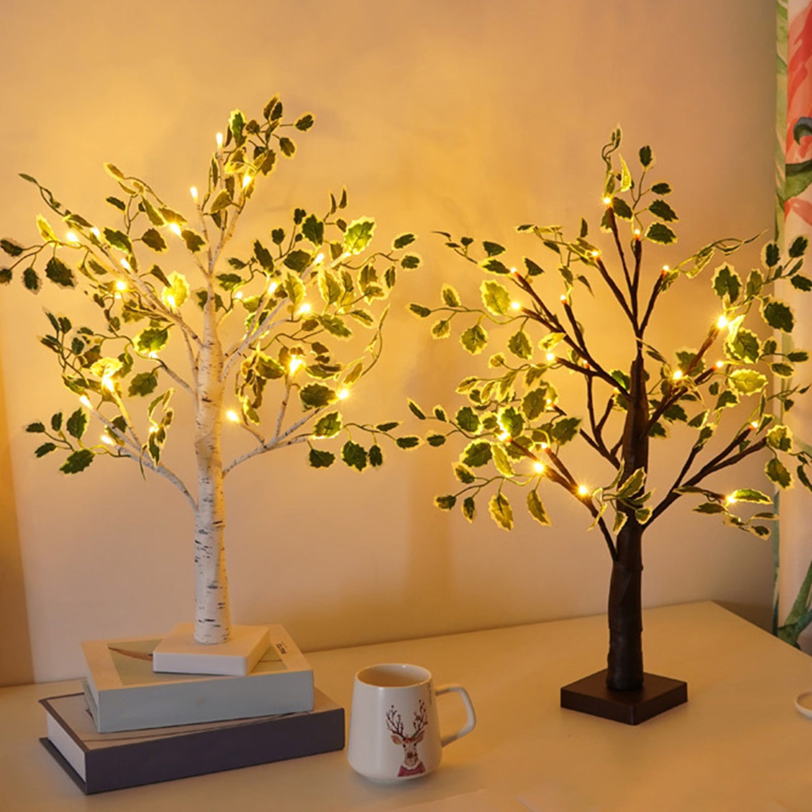 Floleo Green Leaf Birch Tree With Led Lights, 24 LED Warm Light Up ...