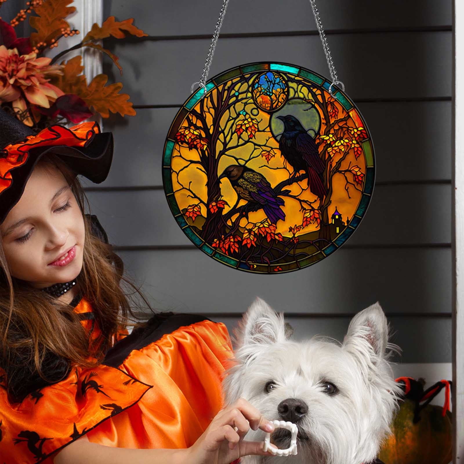 Floleo Halloween Crows Stained Acrylic Window Hanging - Crow Raven Wall ...