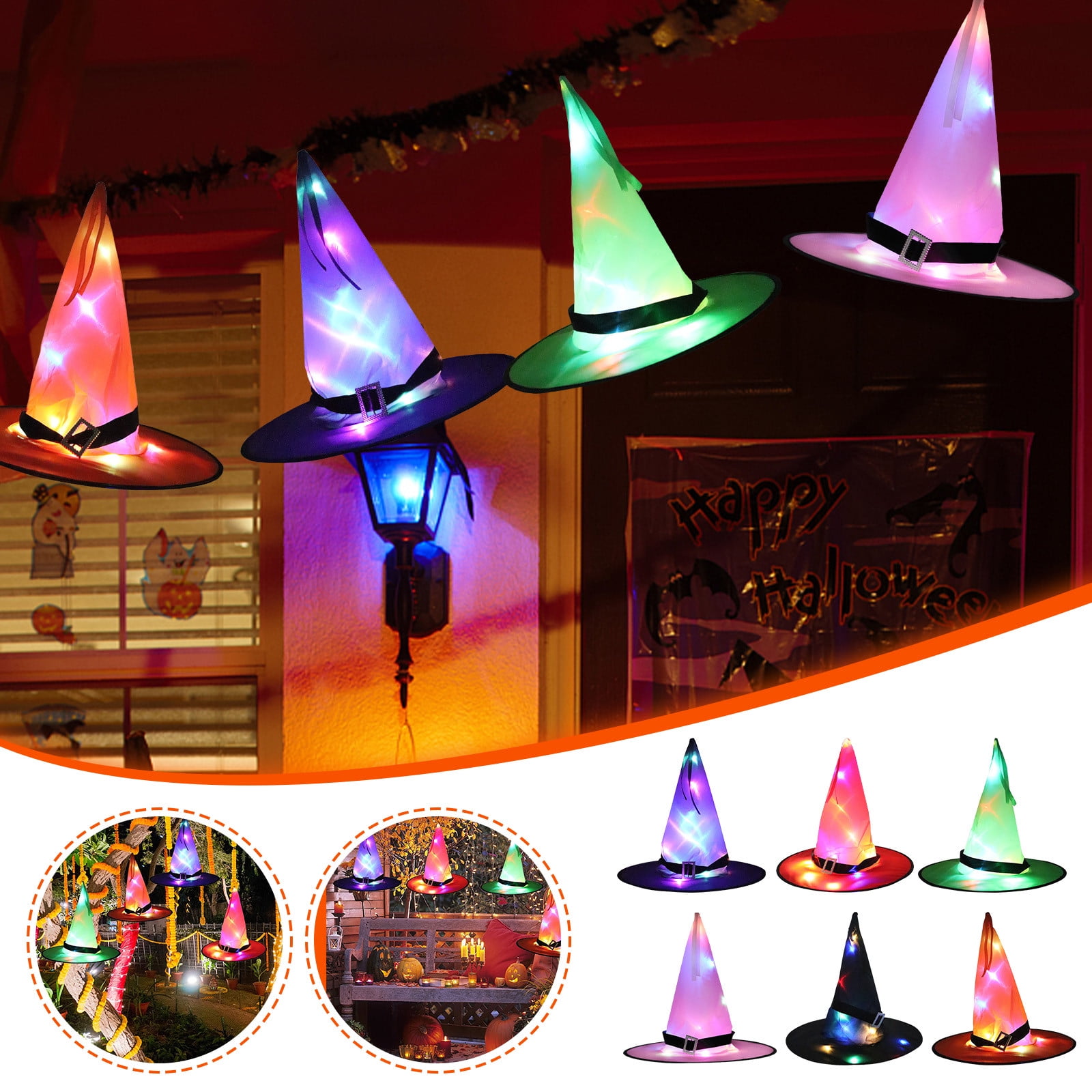Floleo Halloween Decorations Witch Hat Lights, Halloween LED Hanging ...