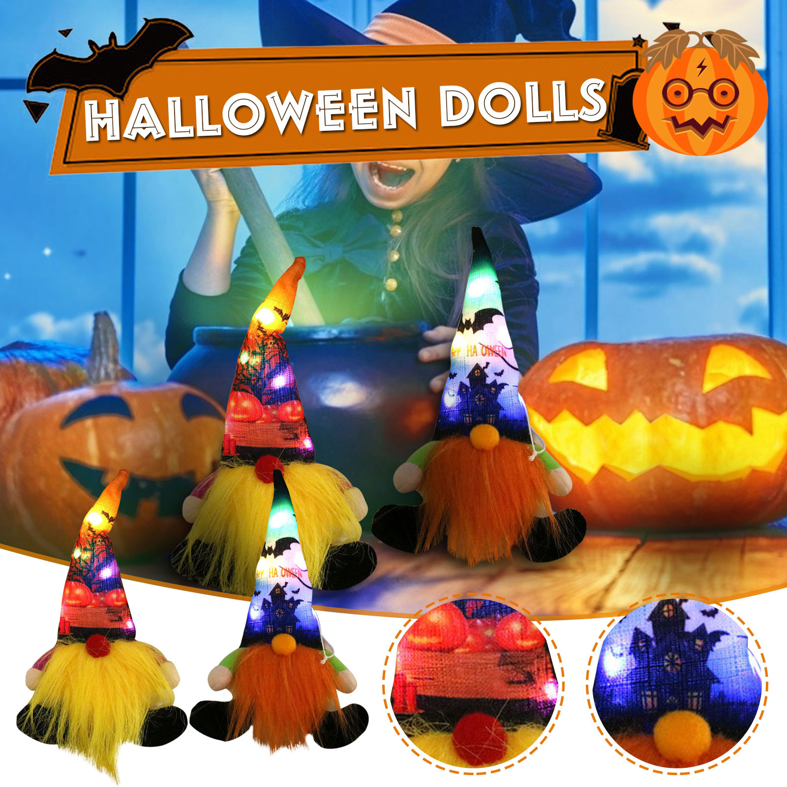 Floleo Halloween Gnome Decor Ornament, LED Light Plush Witch Hanging ...