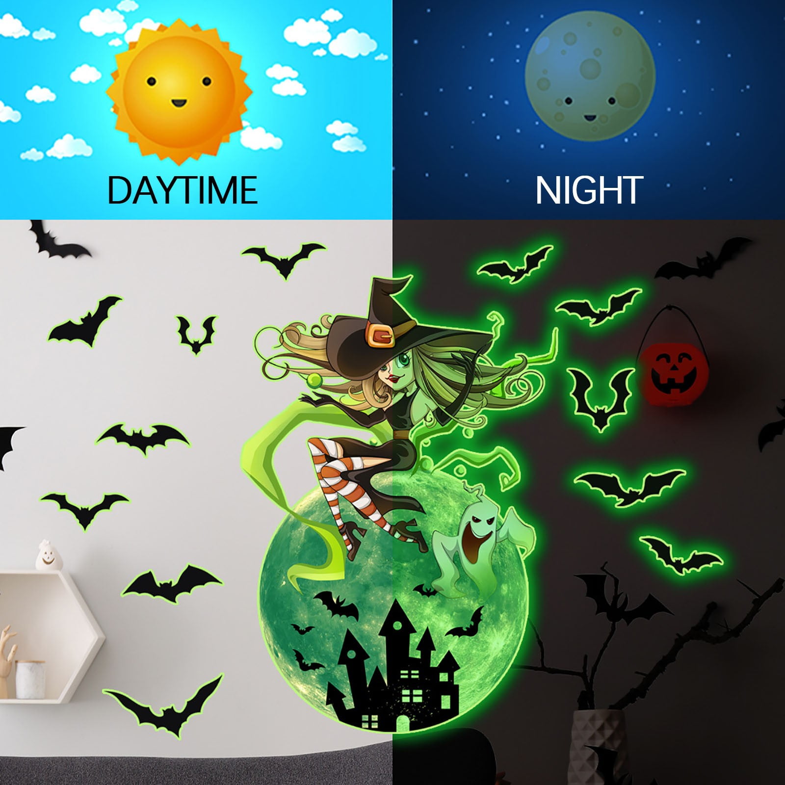 Floleo Halloween Luminous Window Decals Night Glow Decals Ghost Bat ...