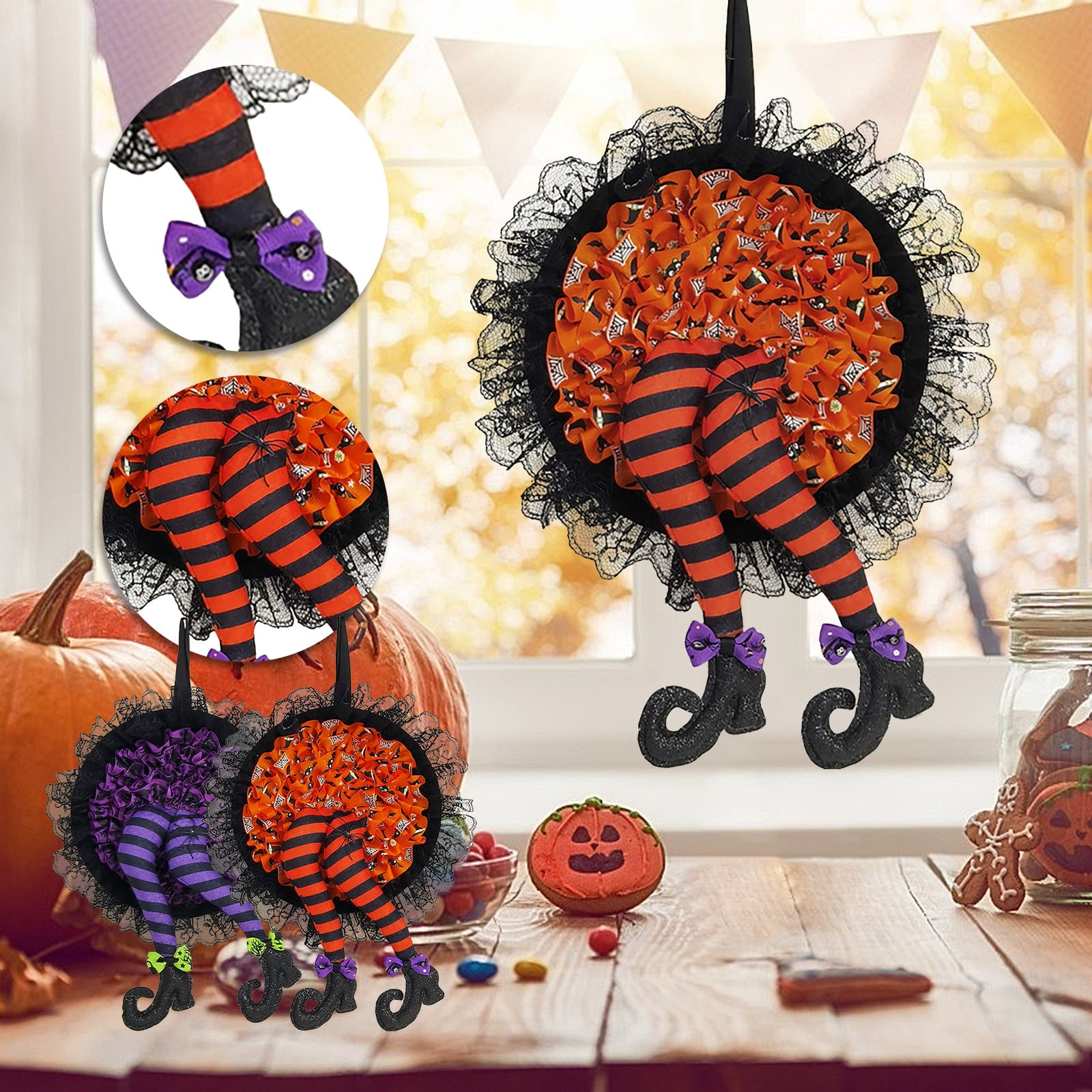 Floleo Halloween Witch Wreaths Halloween Wreaths, 16 Inch Artificial Purple Orange Witch Legs ...