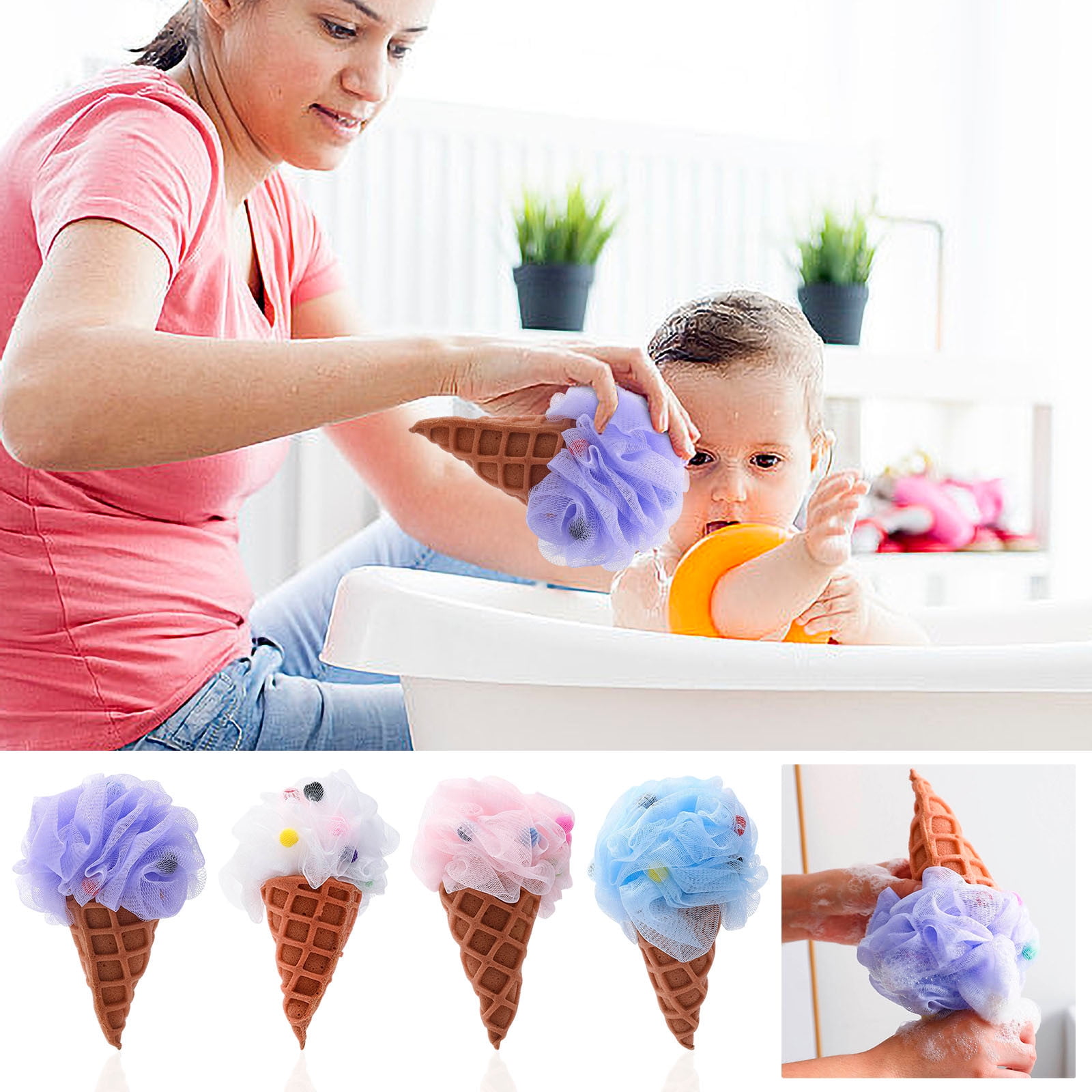 Floleo Kids Loofah Ice Cream Cone Bath Sponge Kids Bath Shower Sponge ...