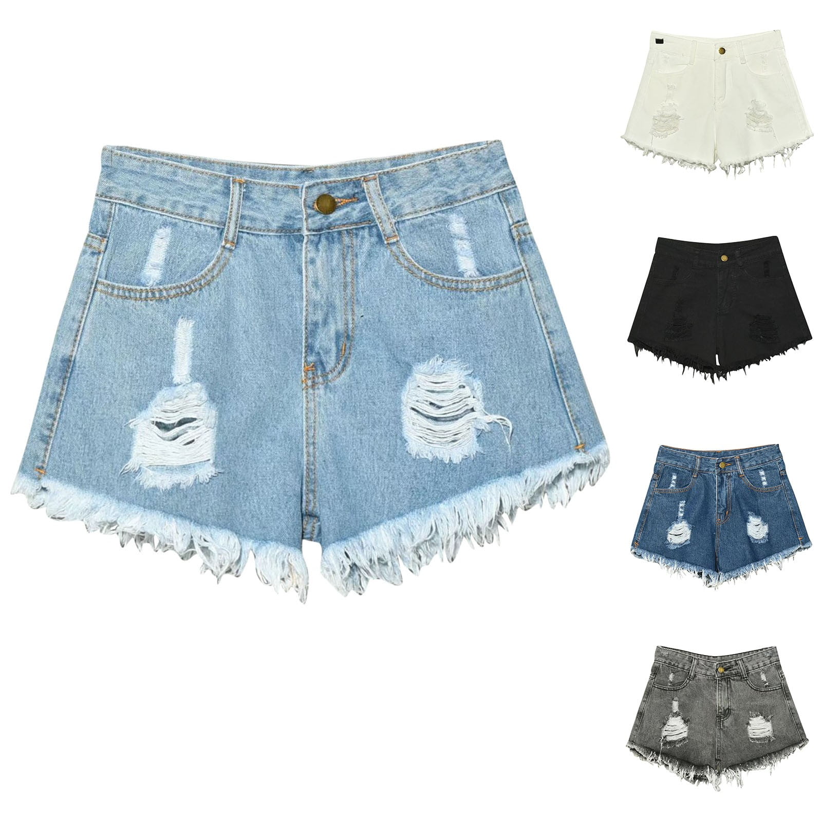 Floleo Women Casual High Waisted Denim Shorts Frayed Raw Hem Ripped ...