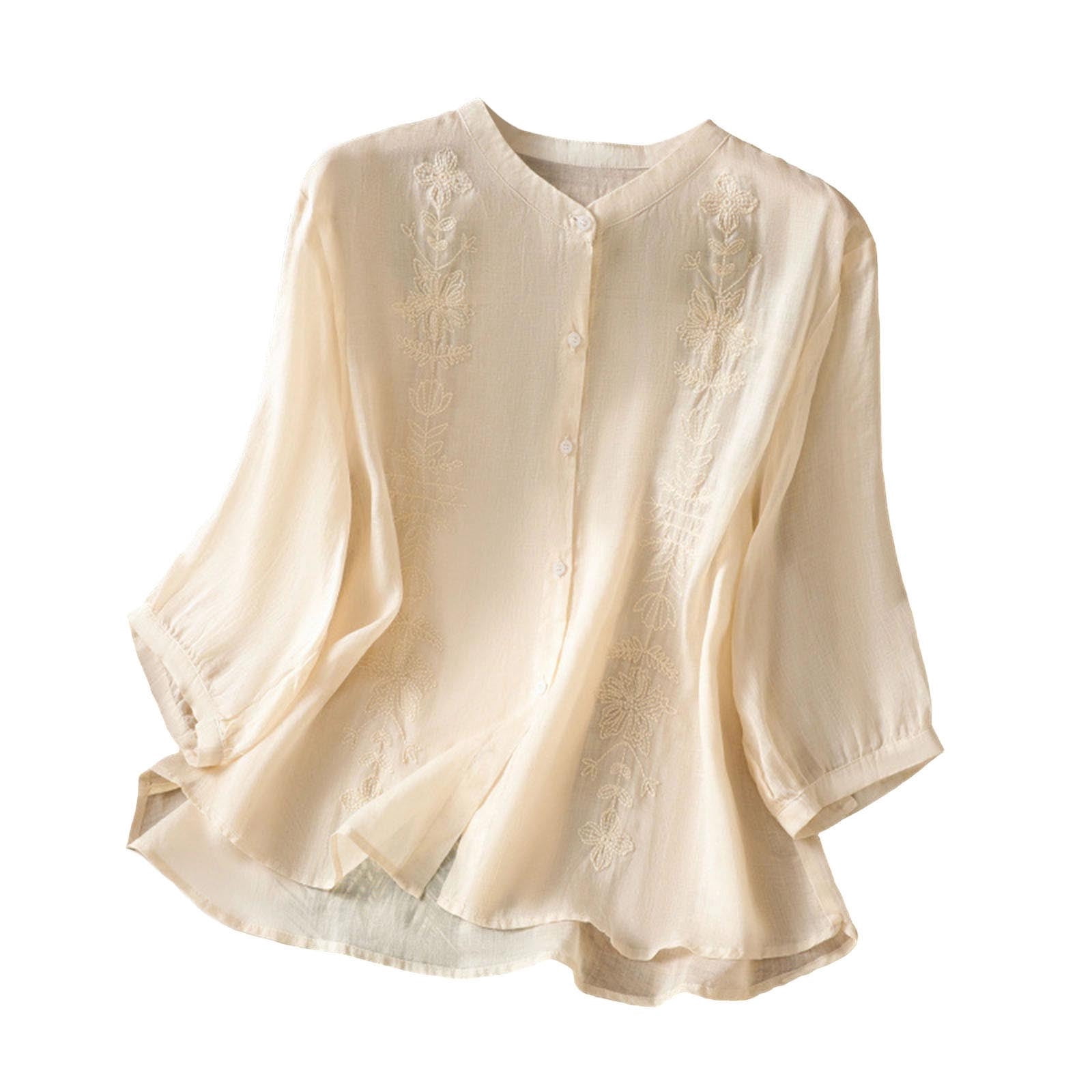 Floleo Women Embroidery Button Down Shirts, Mandarin Collar Solid ...
