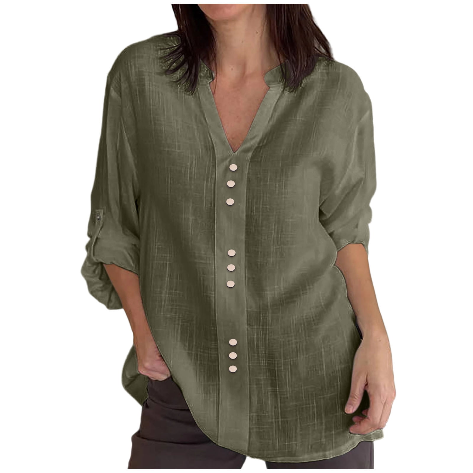Floleo Women Solid Color Blouses V Neck Long Sleeve Loose Linen ...