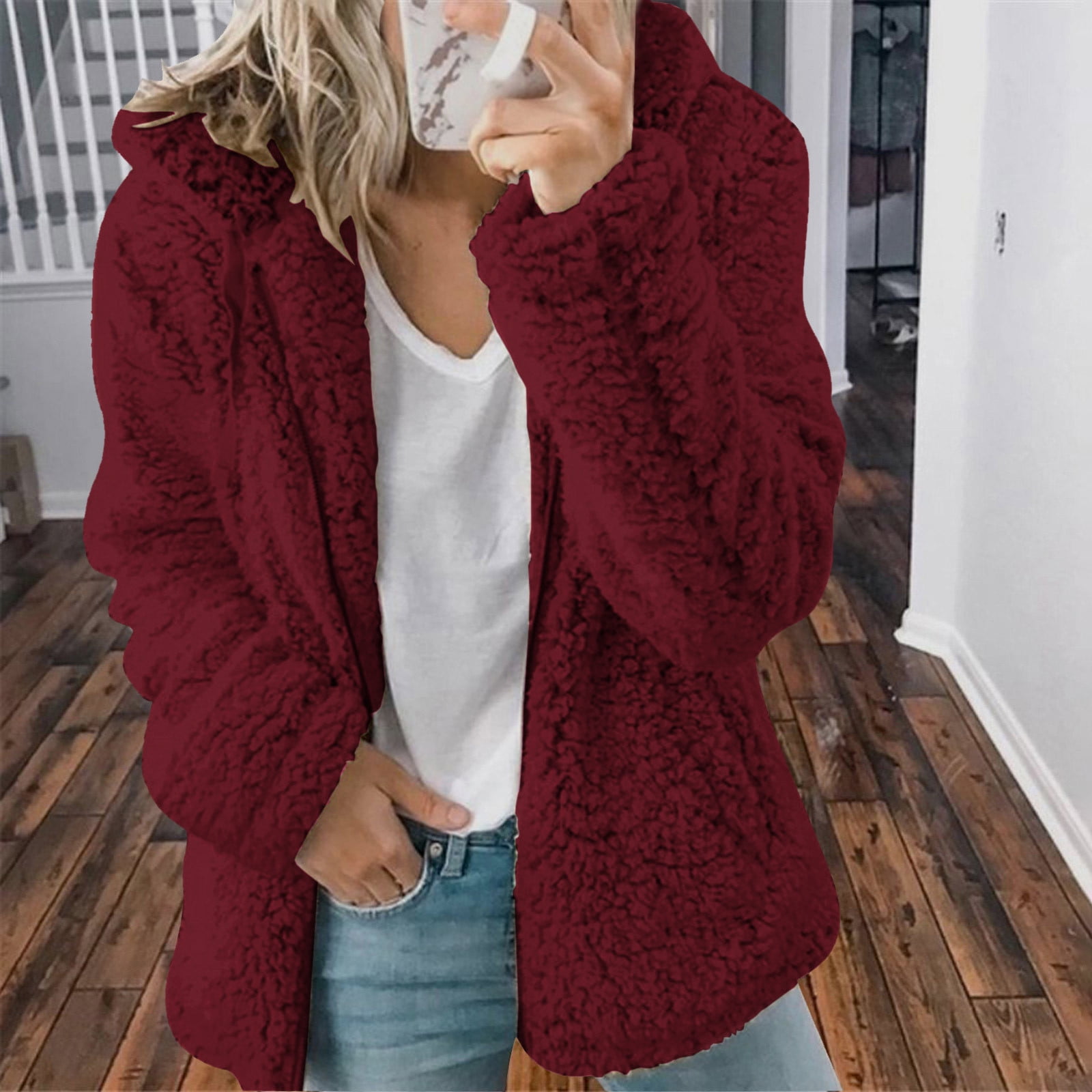 Floleo Women Zip Up Hoodie Jackets Fuzzy Fleece Faux Fur Open Front Sherpa Cardigan Coat Shaggy ...