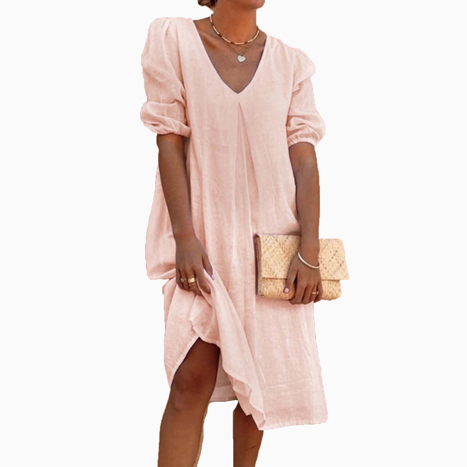 Floleo Women's Cotton Linen Dresses Summer 3/4 Sleeve Dress V Neck Knee ...