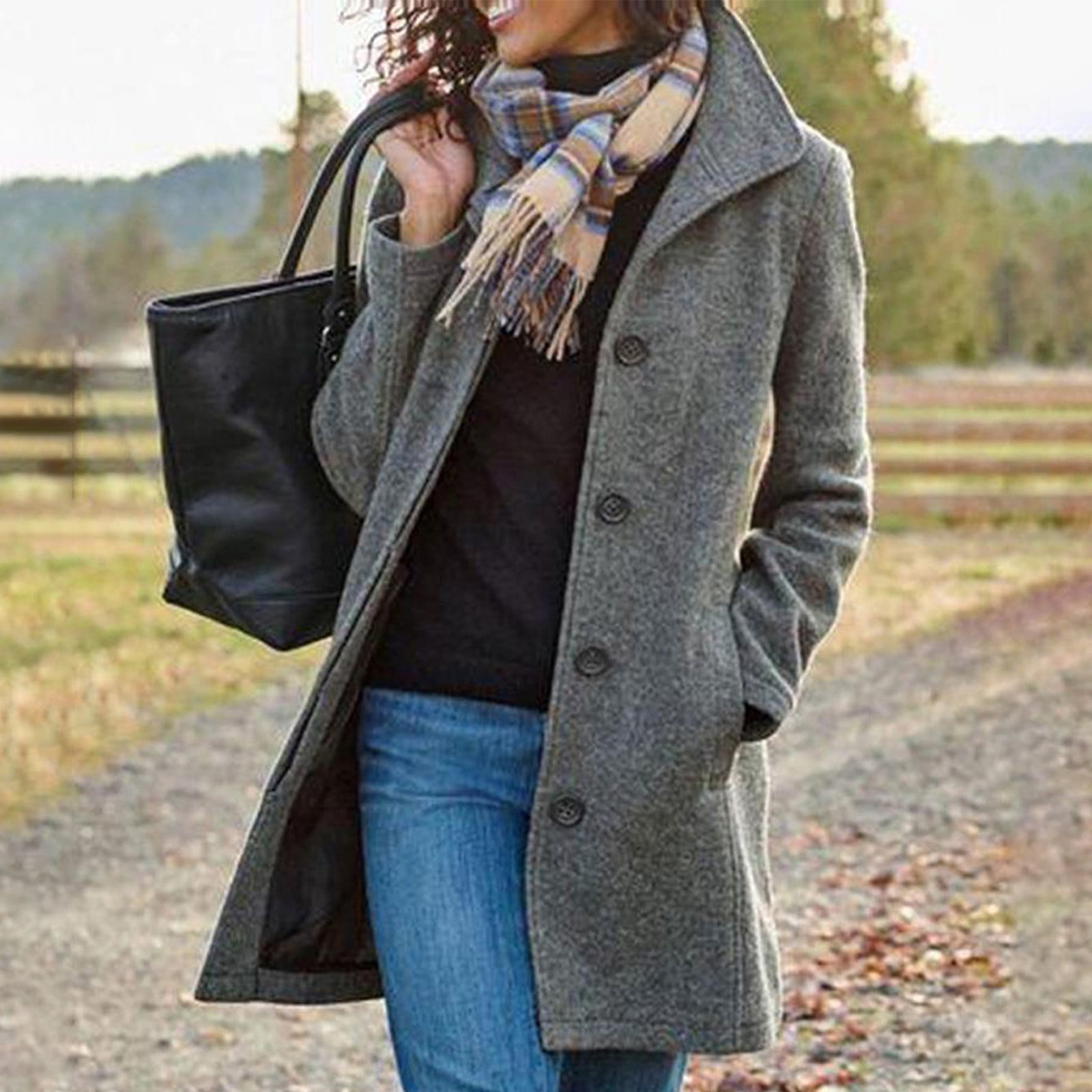 Floleo Women's Pea Coat Notch Lapel Single Breasted Long Winter Warm ...