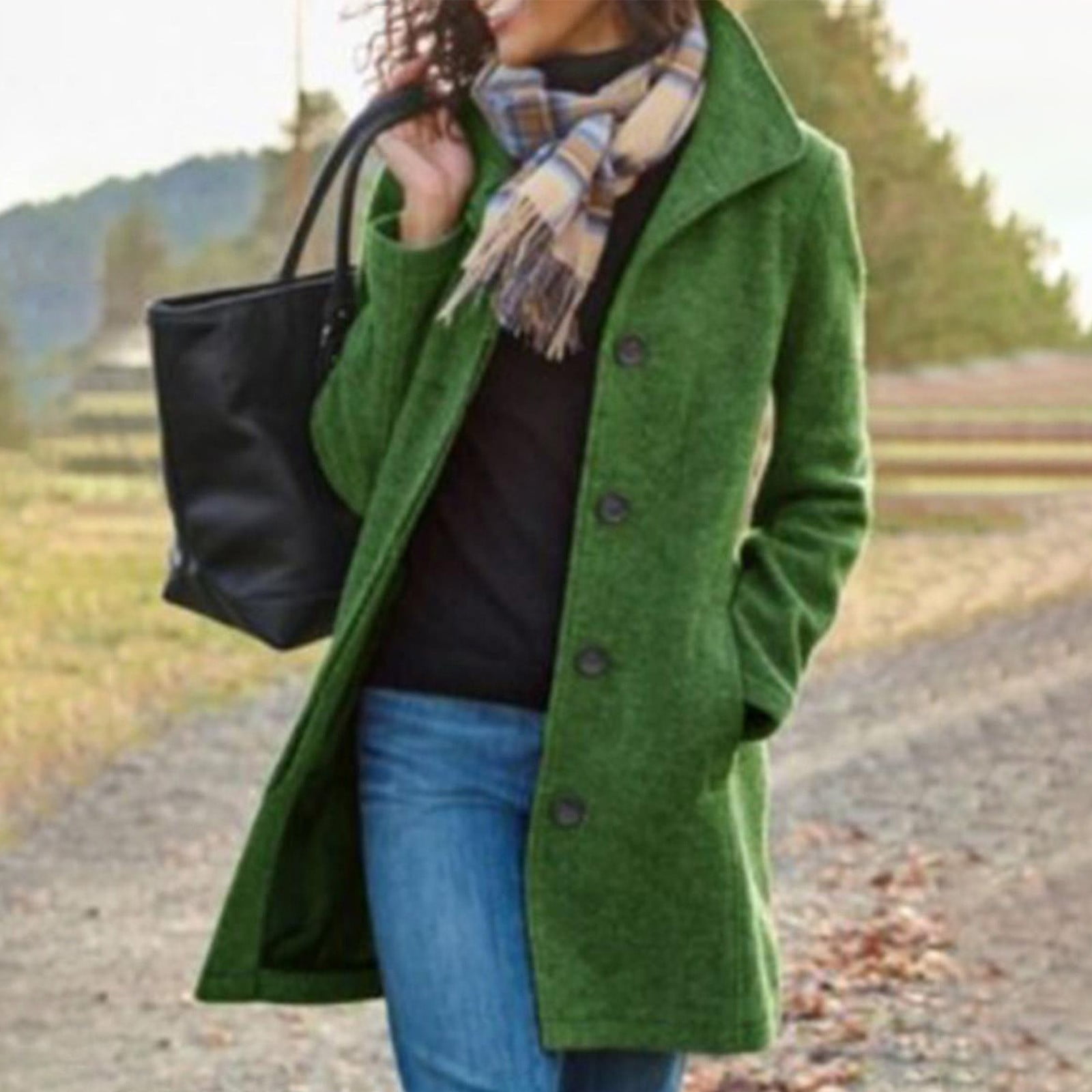 Floleo Women's Pea Coat Notch Lapel Single Breasted Long Winter Warm ...