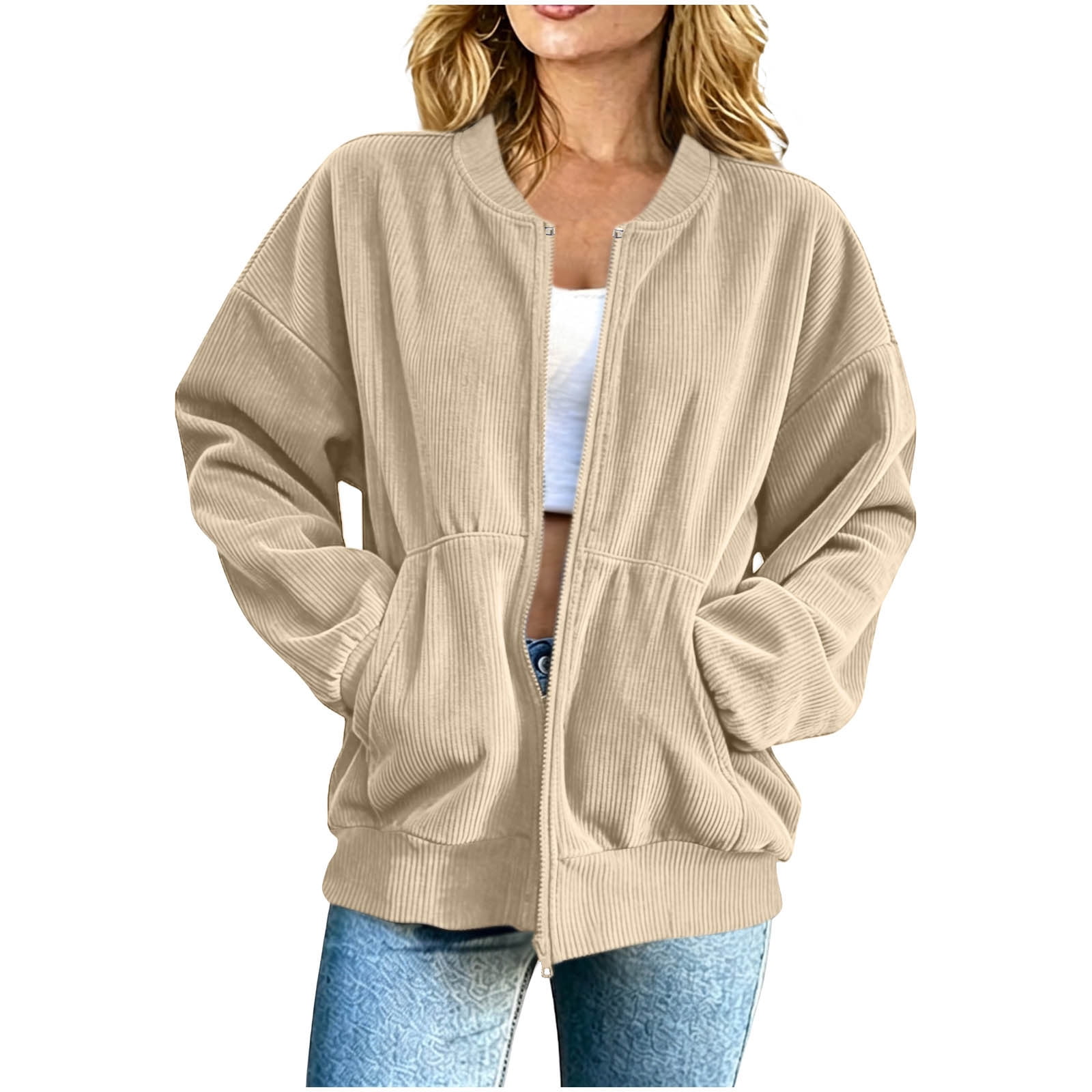 Floleo Womens Casual Ribbed Corduroy Bomber Jacket, Full Zip Long ...