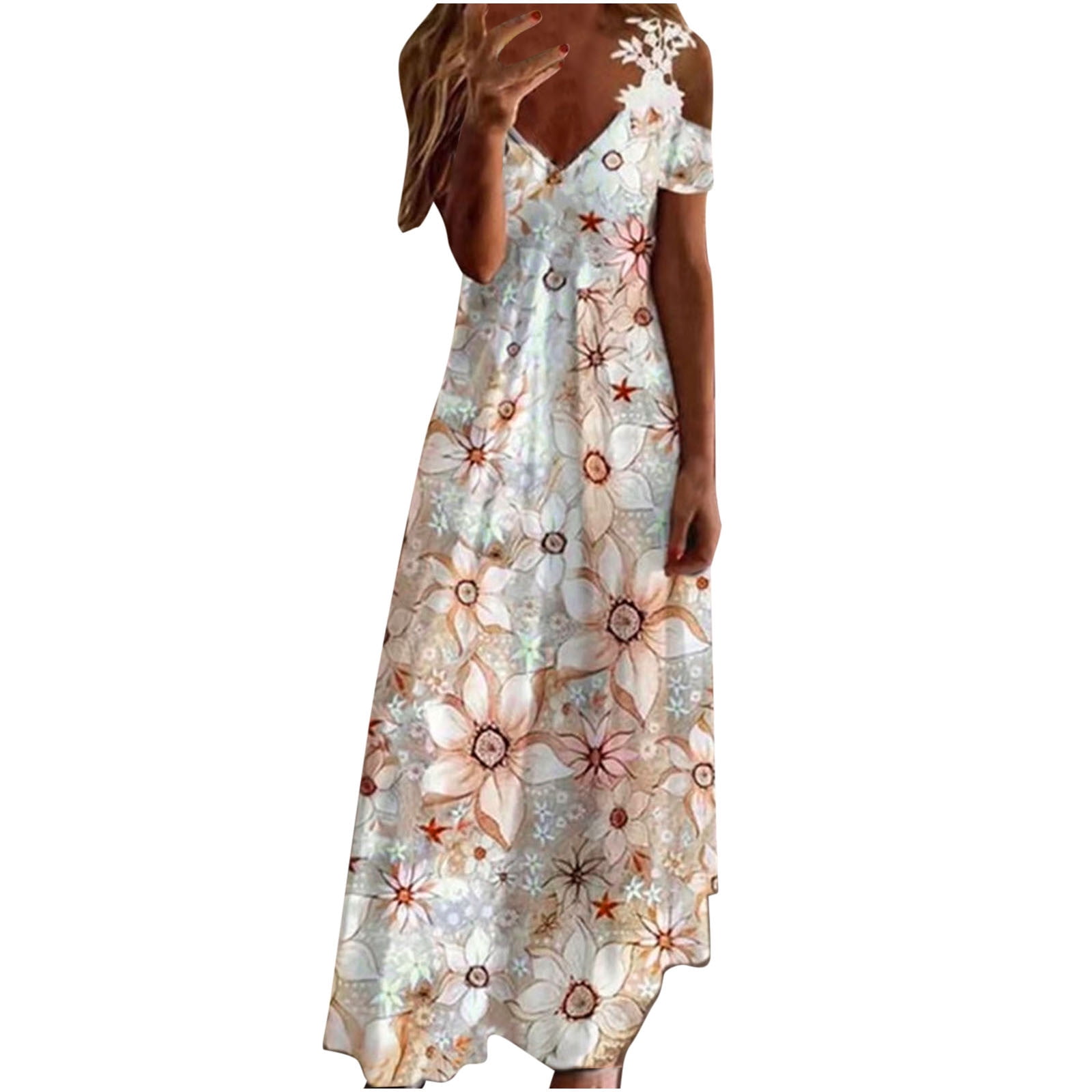 Floleo Womens Maxi Dress Lace Strap Sexy Sundresses V Neck Floral Print ...