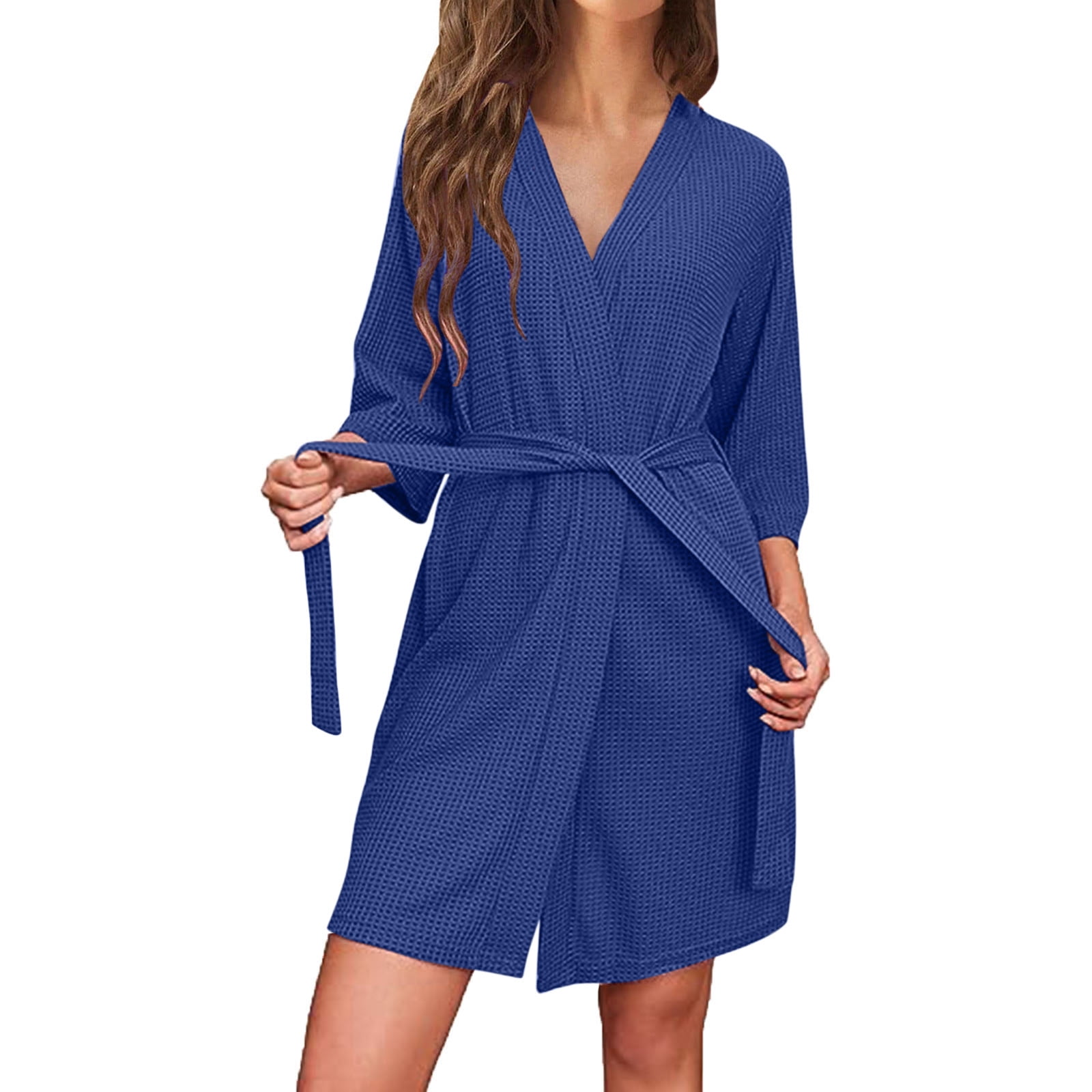 Floleo Womens Robes Solid Color Waffle 3/4 Sleeve Bathrobe Casual Comfy ...