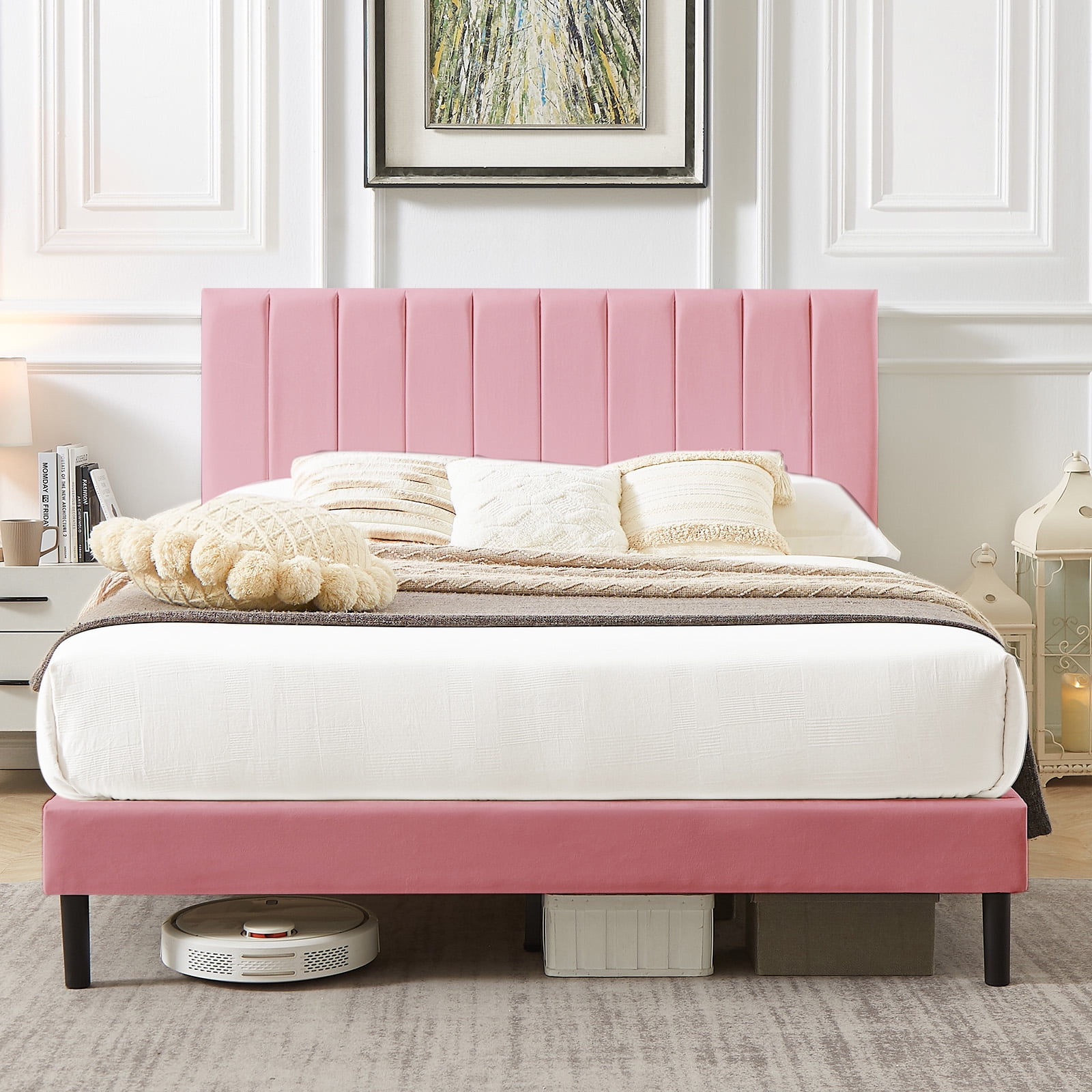 Flolinda Full Upholstered Bed Frame with Tufted High Headboard, Pink ...