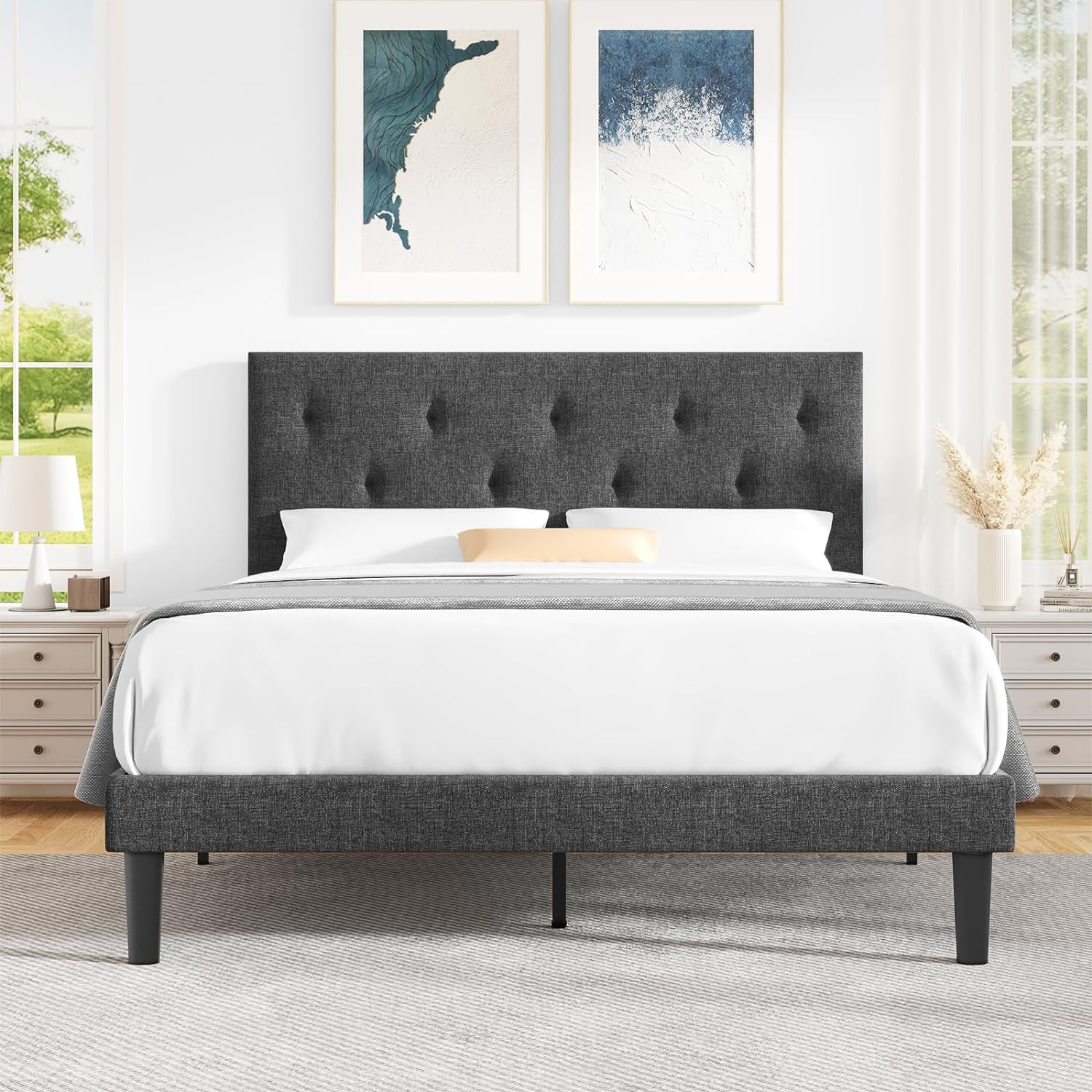 Flolinda Full Bed Frame with Fabric Headboard, Strong Wooden Slats, Non ...