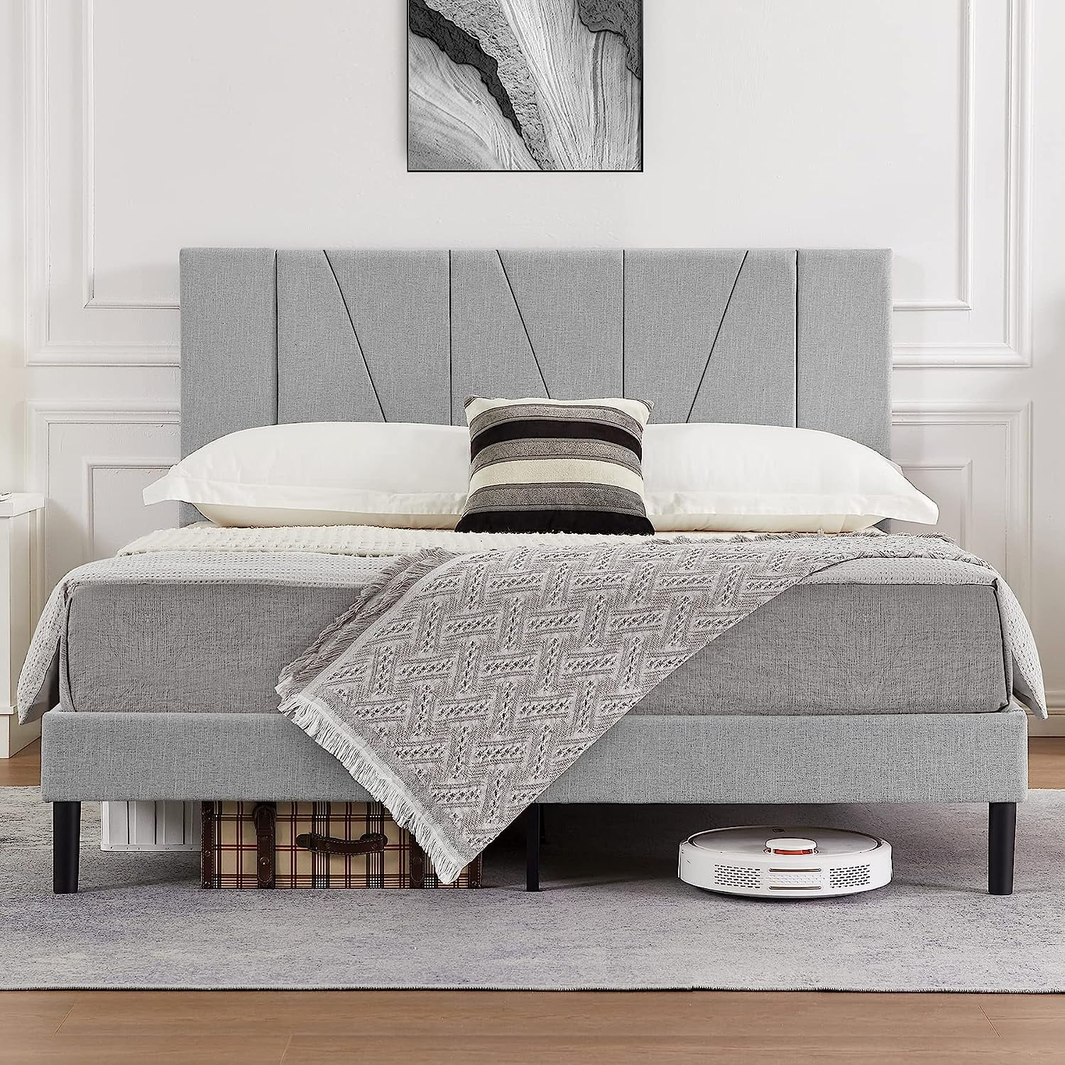 Flolinda Full Size Bed Frame with Complete Headboard, Gray Upholstered ...