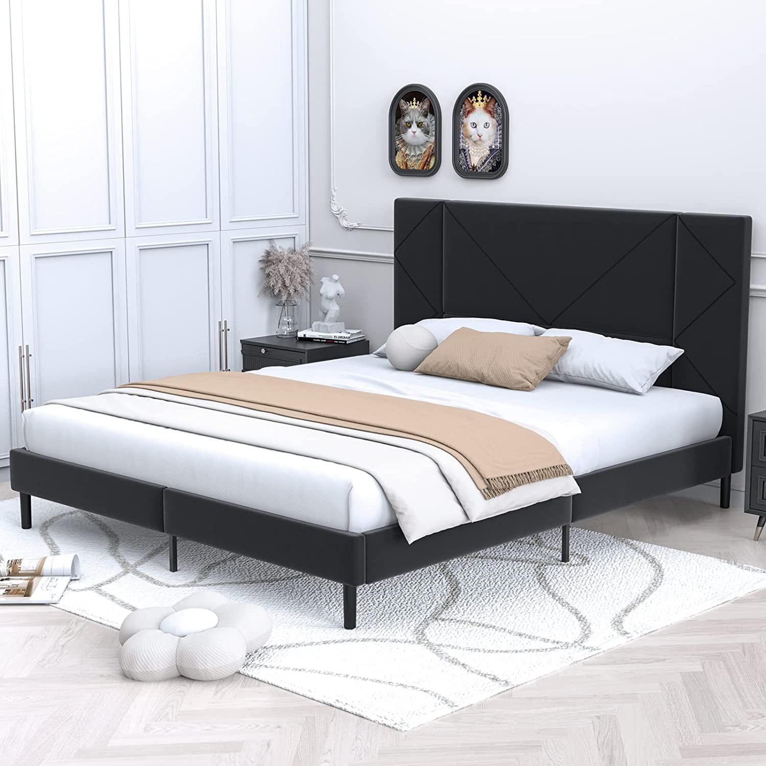 simple Flolinda Full Size Bed Frame Velvet Upholstered Platform Bed ...