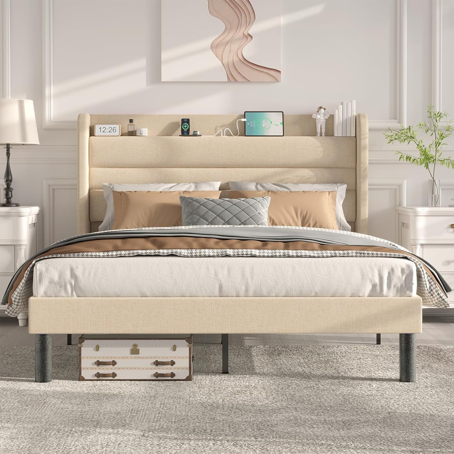 Flolinda Full Size Bed Frame, Fabric, USB & Type-C Charging Ports ...