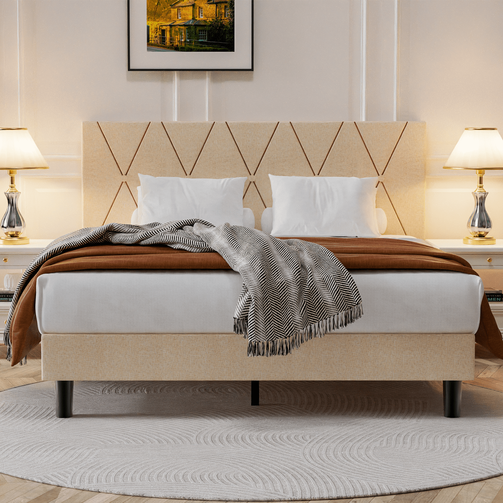 Flolinda King Size Bed Frame with Fabric Upholstered Headboard，Fully ...