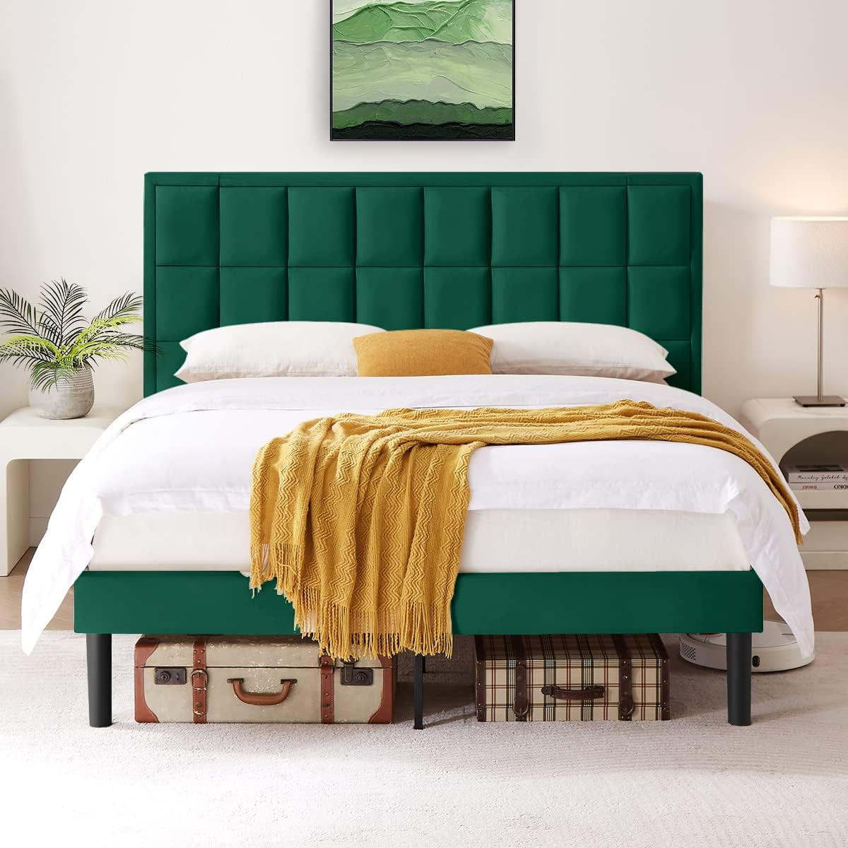 Flolinda Velvet Queen Bed Frame with High Comfortable Headboard, Green ...