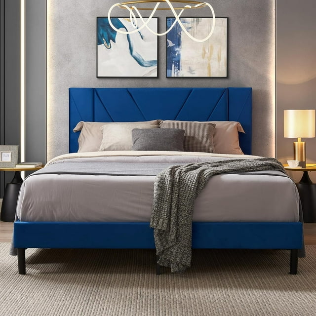 Flolinda Queen Size Velvet Fabric Upholstered Bed Frame with Vertical ...