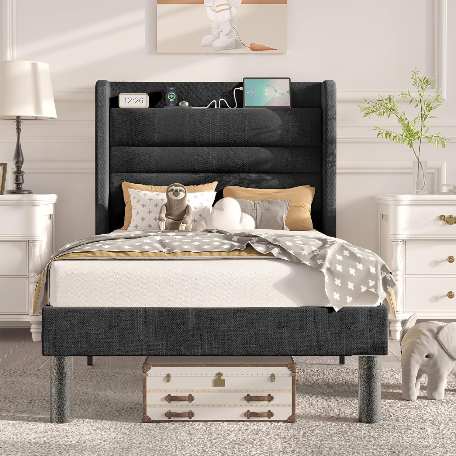 Flolinda Twin Bed Frame with Charging Station, Type-C & USB Ports ...