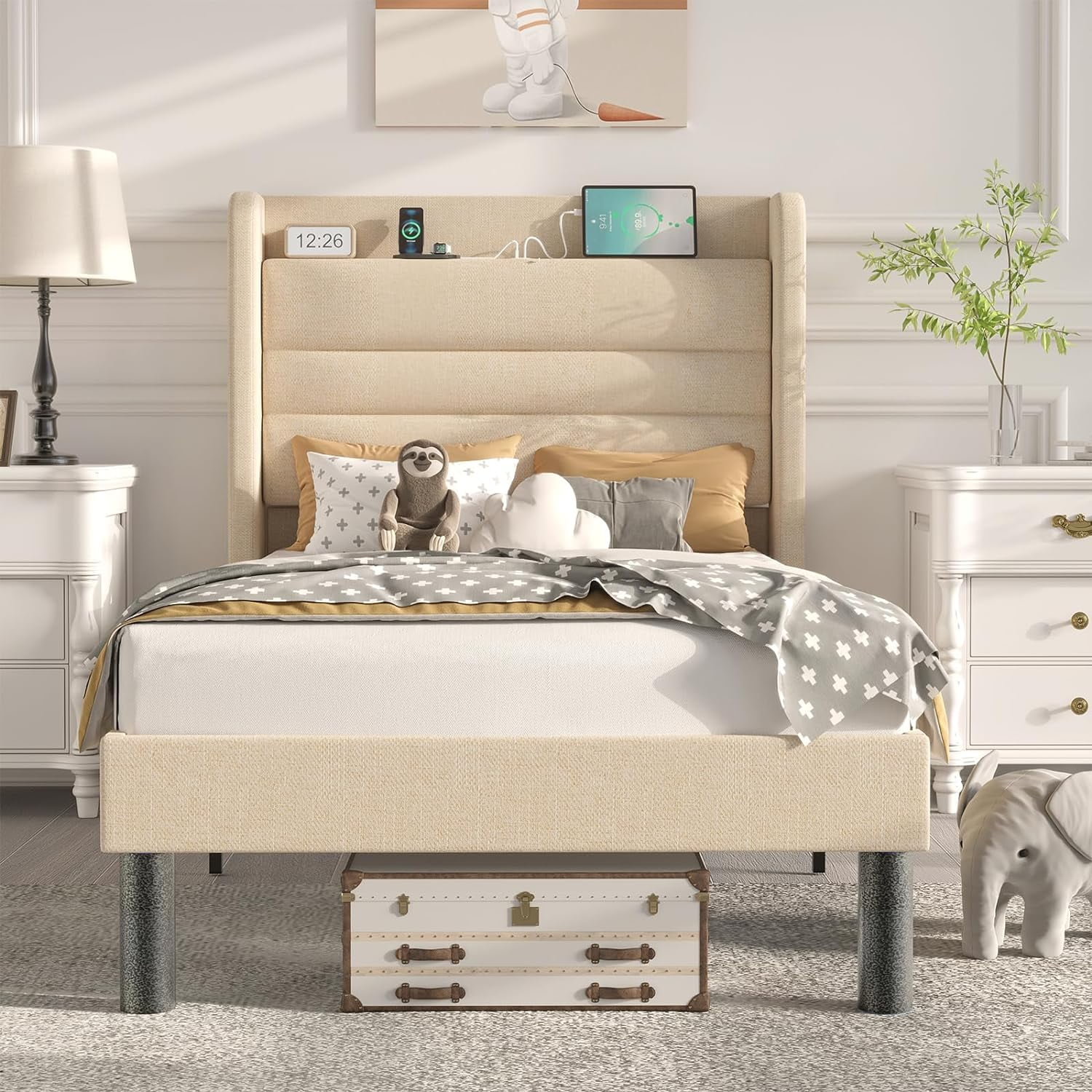 Flolinda Twin Bed Frame with Charging Station Type-C & USB Ports Linen ...