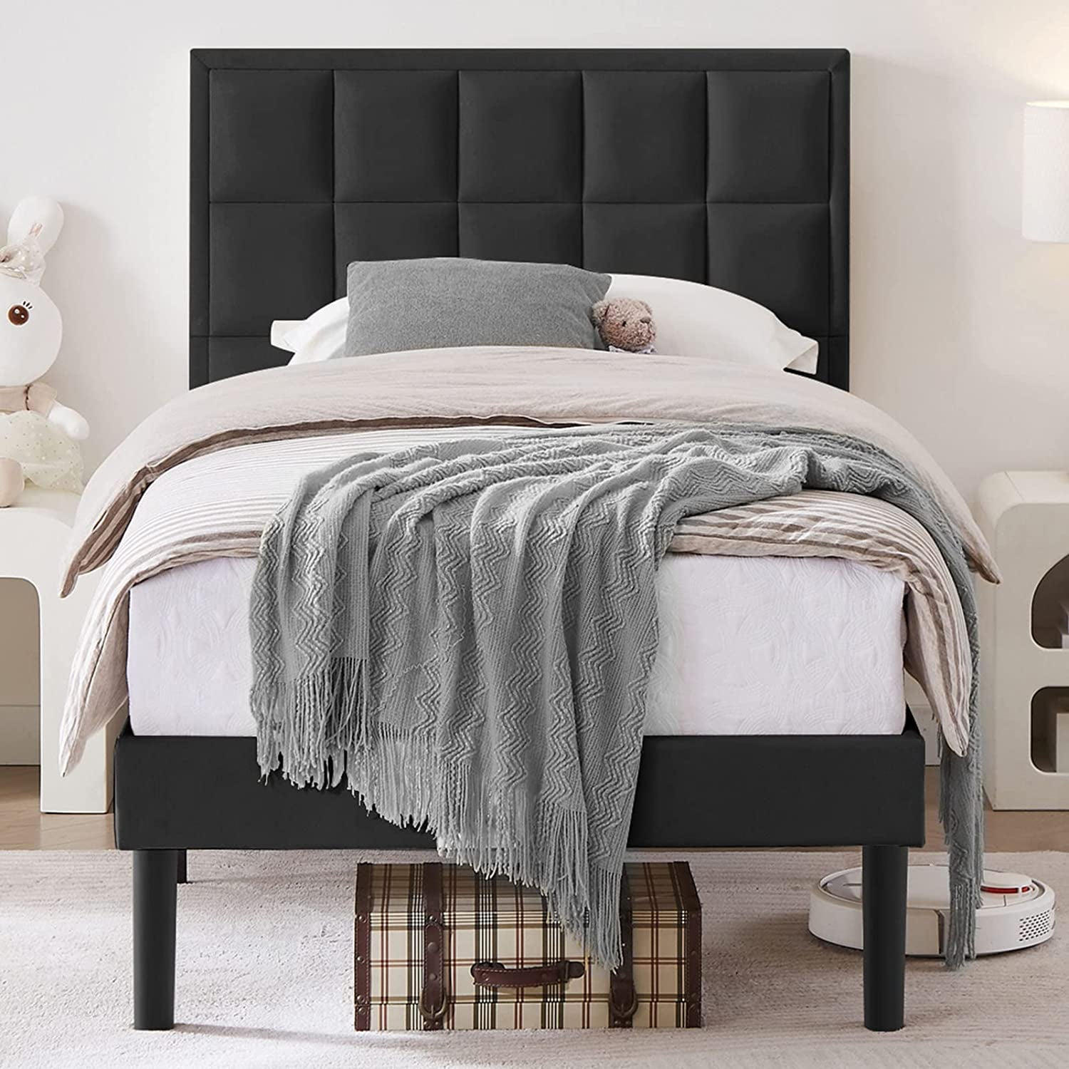 Flolinda Modern Twin Size Bed Frame with Higher Headboard, Velvet ...