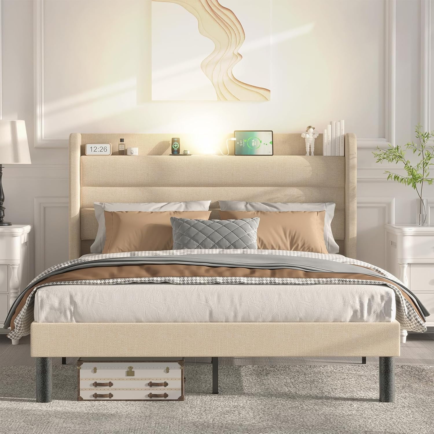 Flolinda Upholstered Queen Bed Frame with Charging Station, Type-C ...