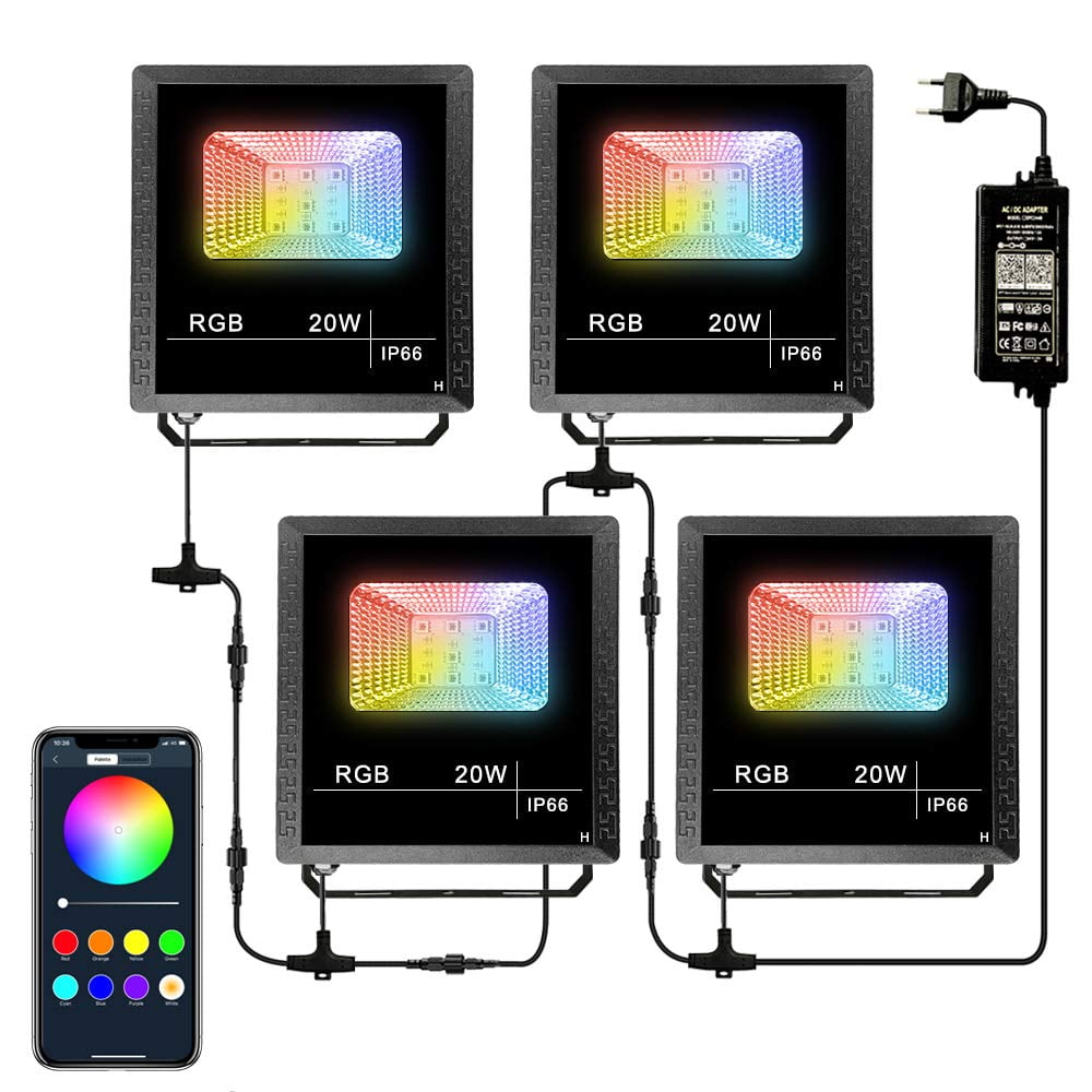 Flood Light Kit - 4 Lights 20W Each Waterproof RGB Color Changing and ...