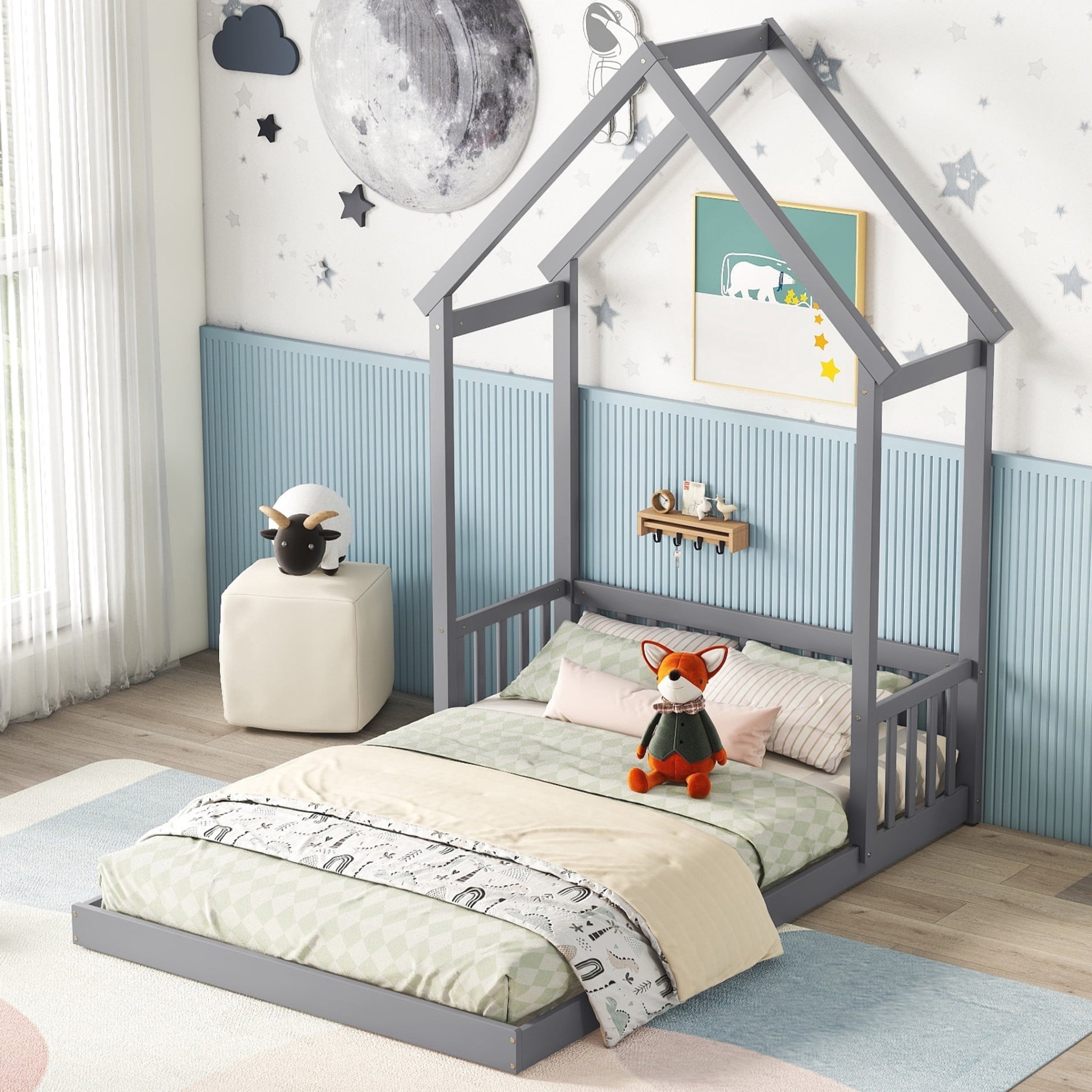 Floor Bed with House-Shaped Headboard, Solid Wood Full Size Montessori ...