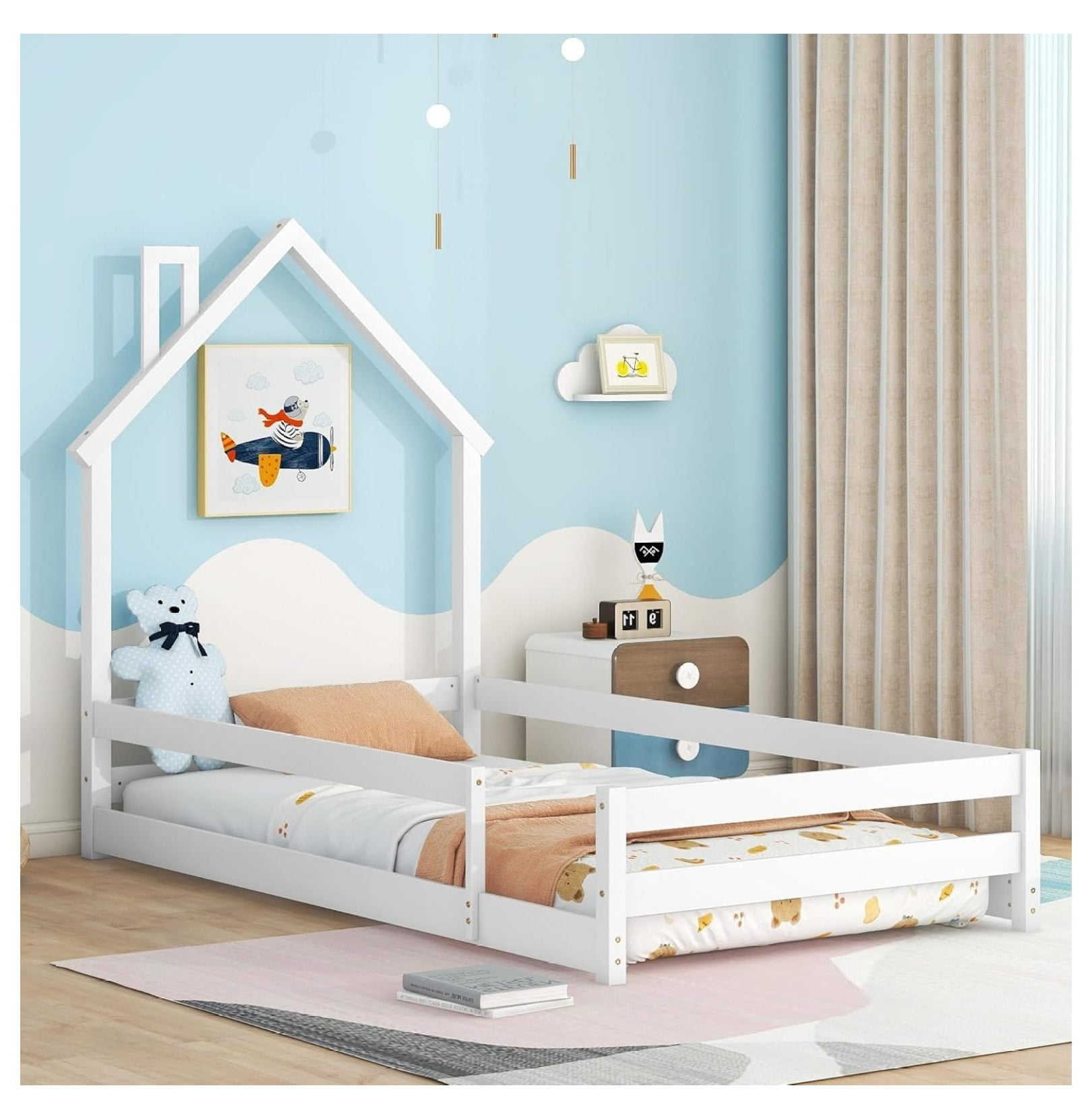 Floor Bed with Rails, Size Montessori Bed with House Shape Headboard ...