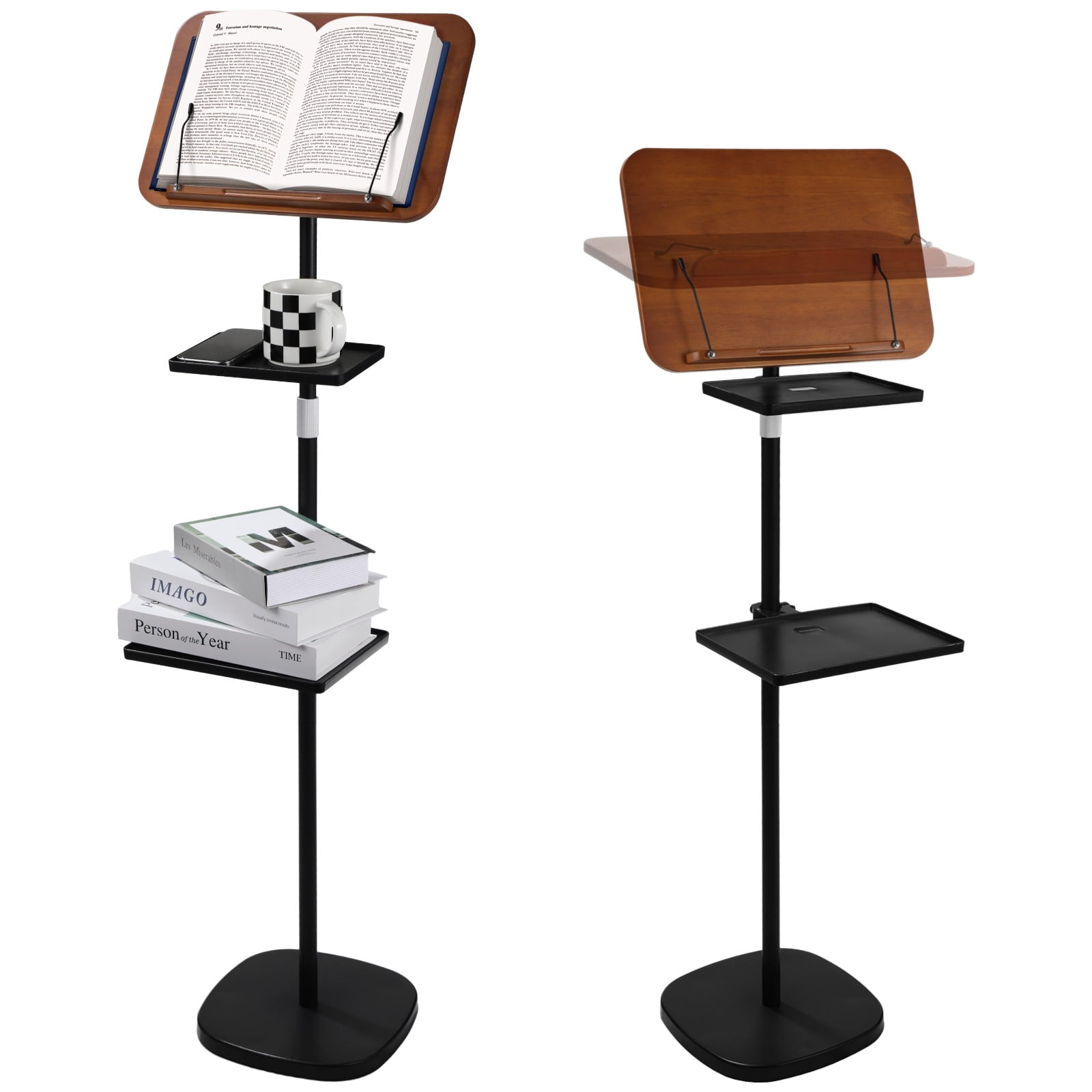 Floor Book Stand with 2 Removable Trays, Adjustable Height Wood Reading ...