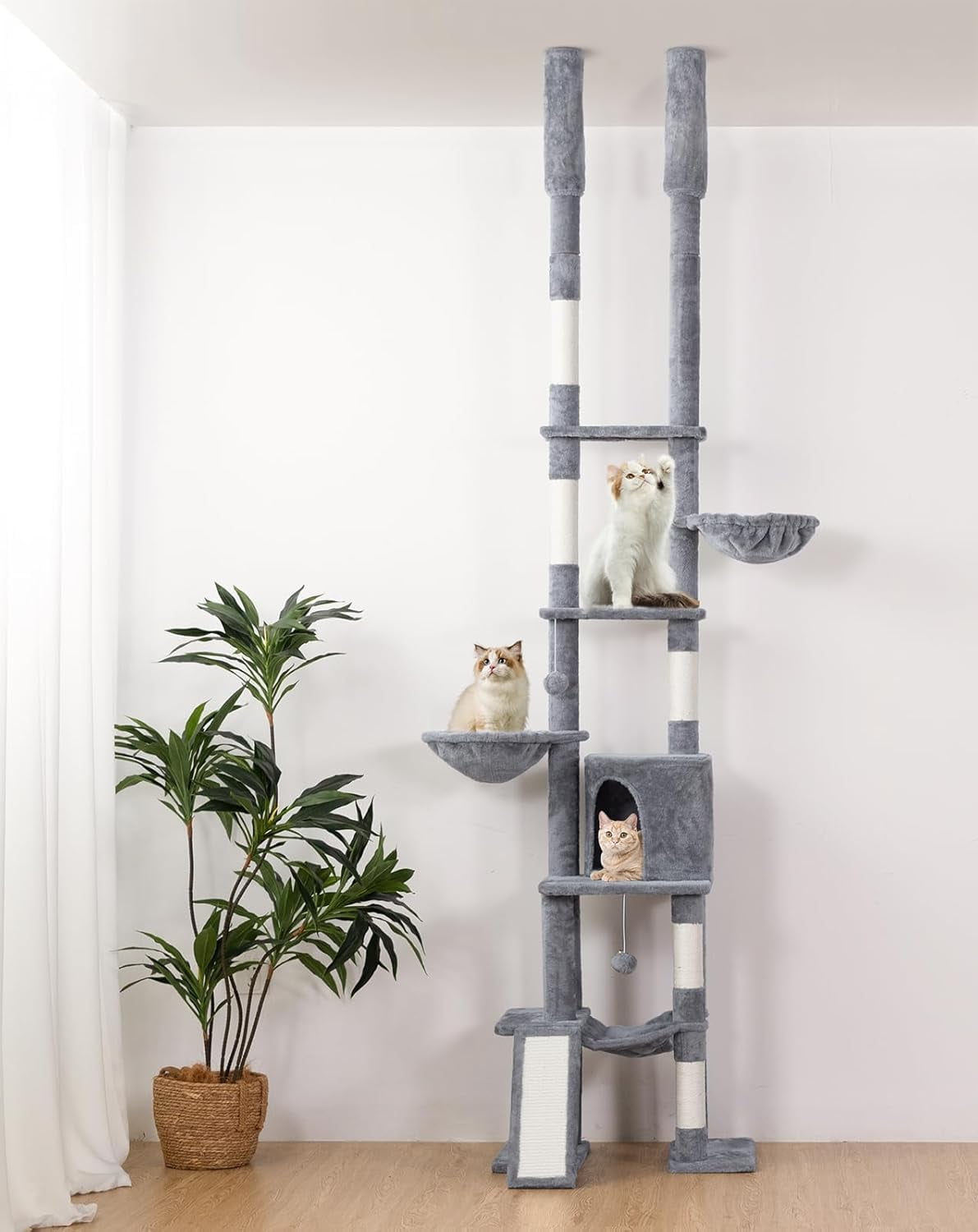 Floor to Ceiling Cat Tree, Adjustable Height(85.6"-114") Cat Tower with ...