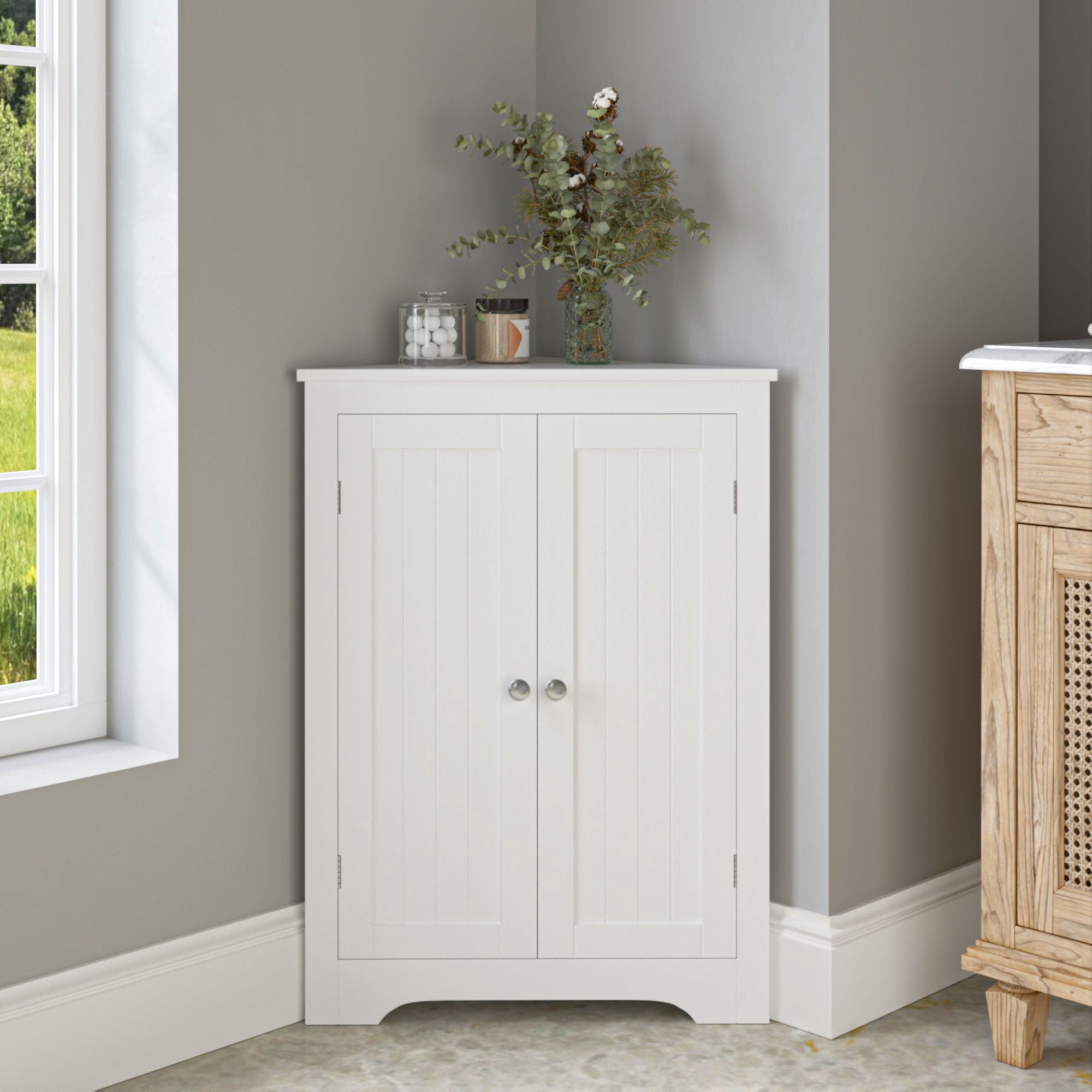 Floor Corner Cabinet with 2 Doors and Adjustable Shelves, Freestanding ...