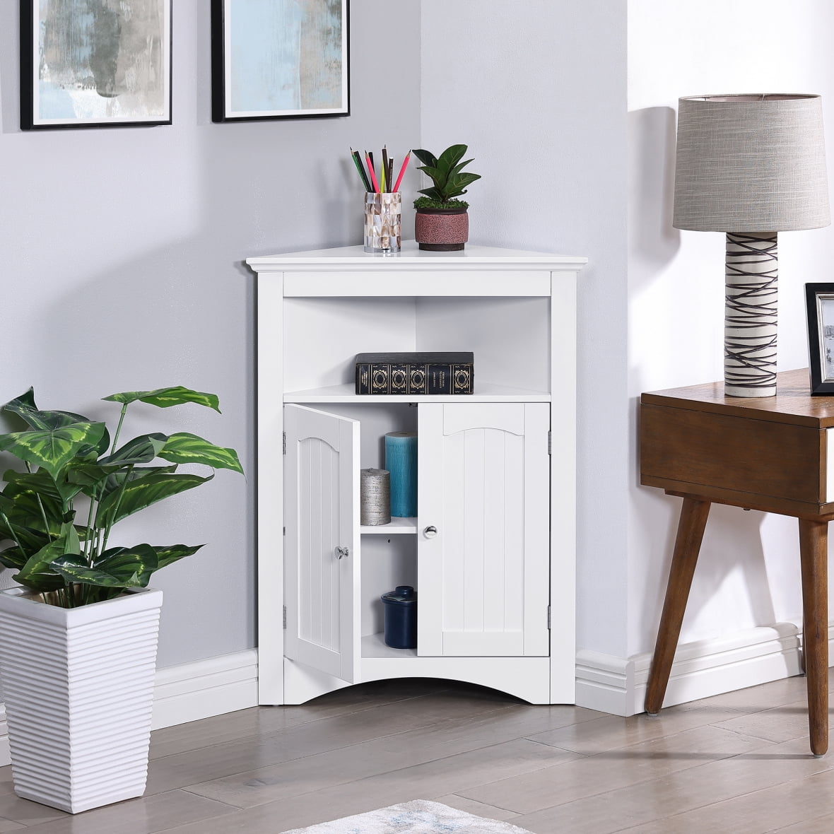 Floor Corner Cabinet with 2 Doors and Shelves Sideboard Buffet Cabinet Free Standing Corner Storage Cabinet for Kitchen Living Room Bathroom White