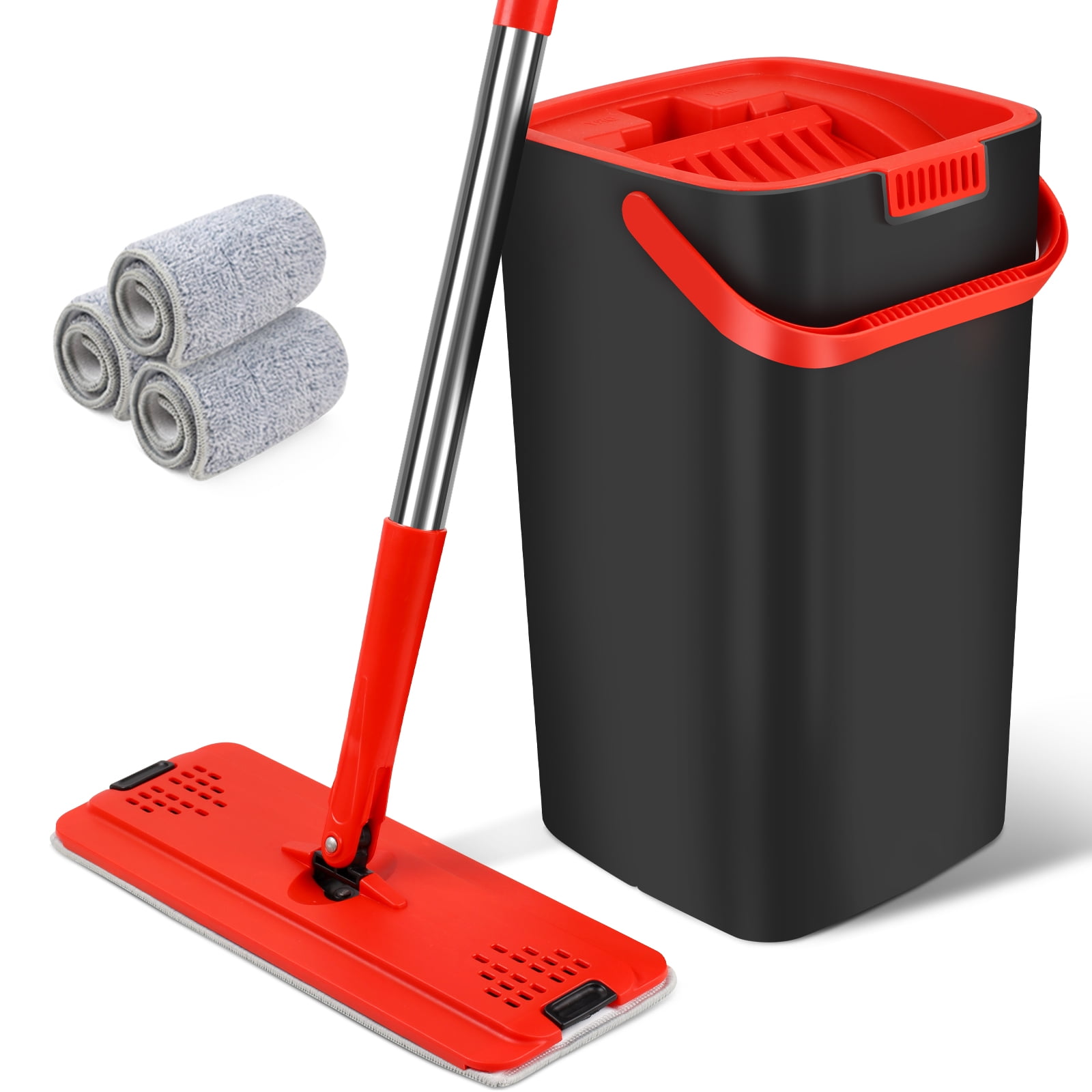 Flat Floor Mop and Bucket Set, Wet/Dry, Hands-Free, with 3 Microfiber ...