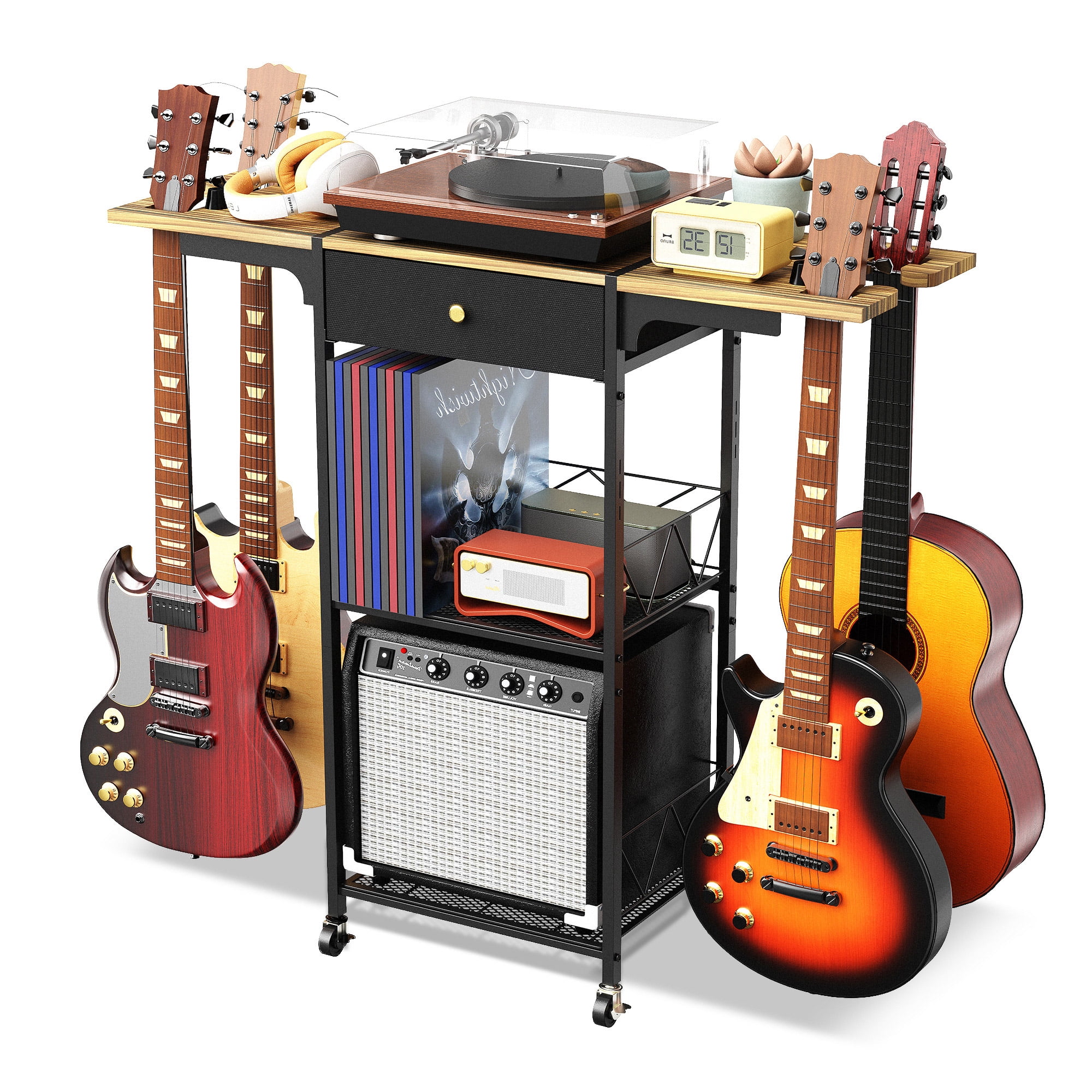 Floor Guitar Rack with 4 Guitar Holder, 3-Tier Guitar Storage with ...