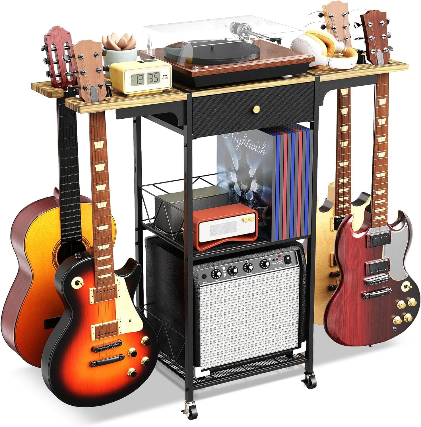 Floor Guitar Rack with Drawer & 4 Guitar Holder, 3-Tier Multi Guitar ...