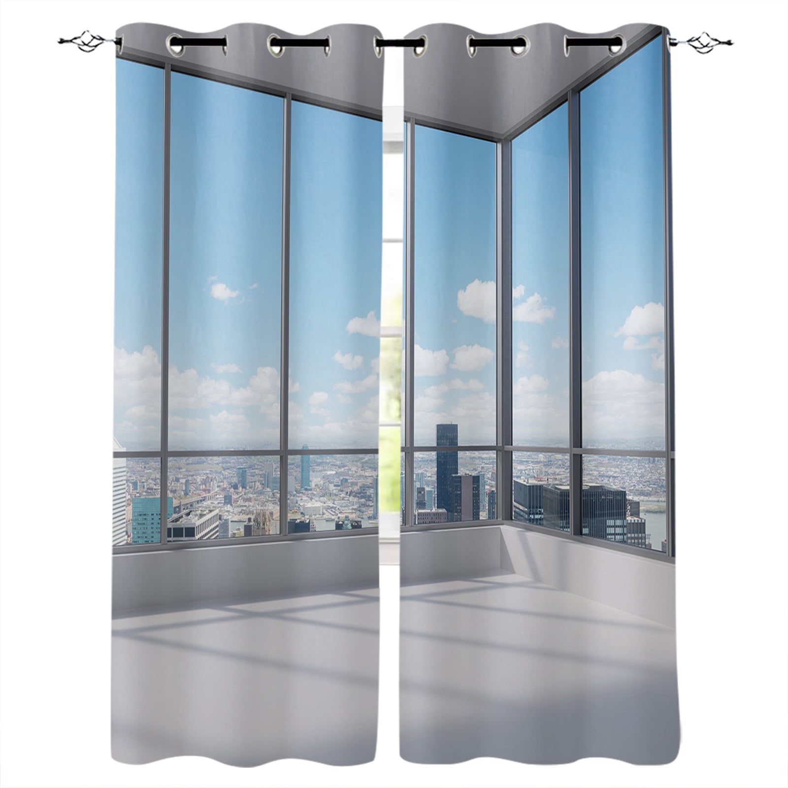 Floor High Rise City Blue Sky Clouds Print Window Curtains Luxury ...